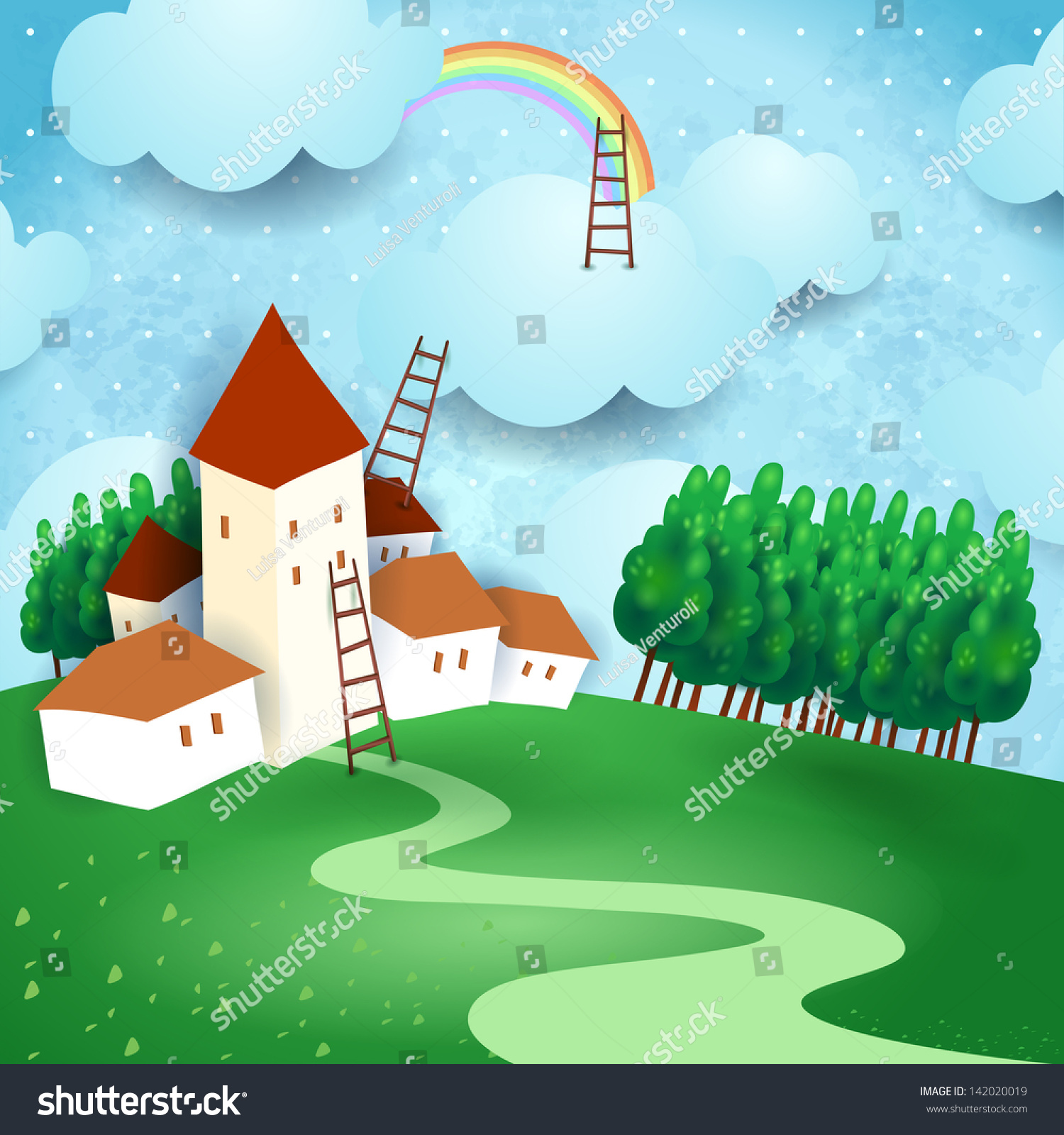 Fantasy Landscape Vector Illustration: vector de stock (libre de ...