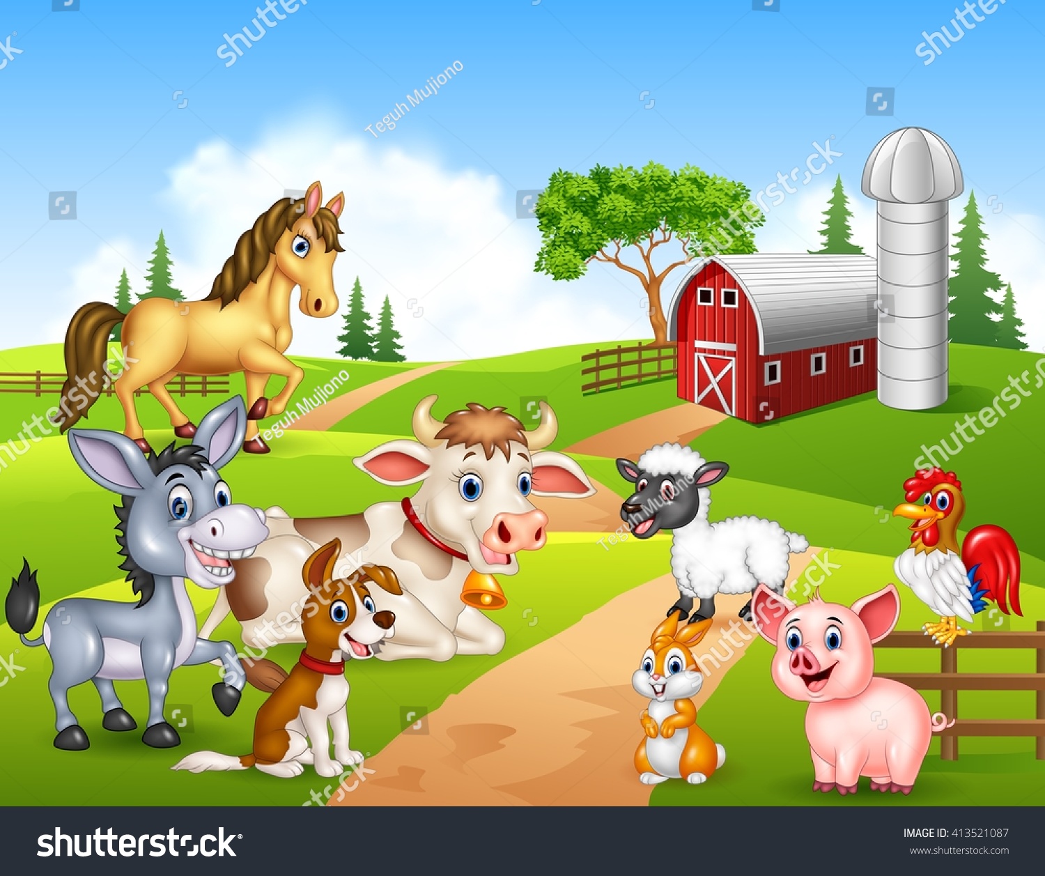 Farm Background Happy Animals Stock Vector (Royalty Free) 413521087 ...