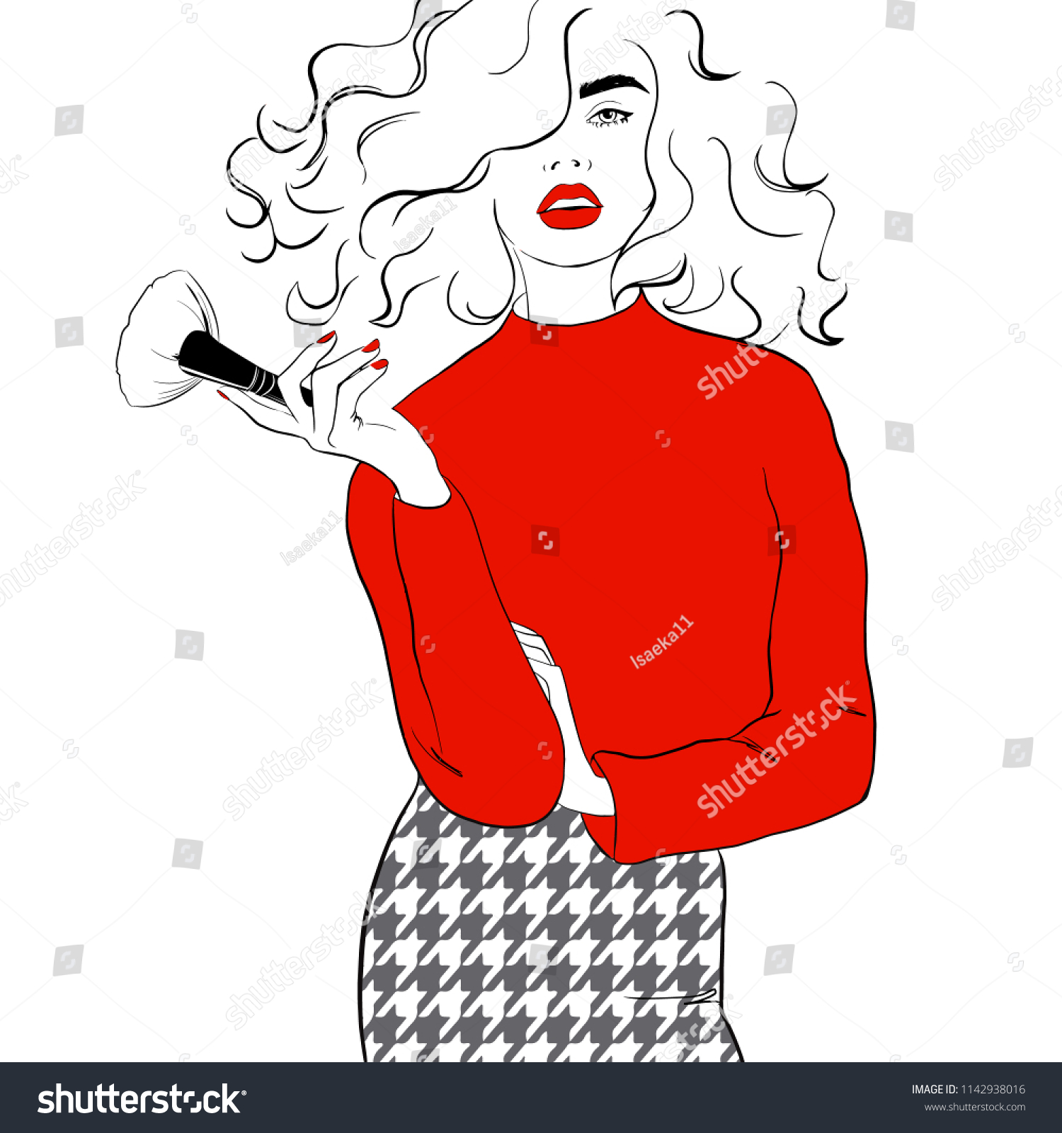 Fashion Illustration Girl Red Lips Sketch Stock Vector Royalty Free
