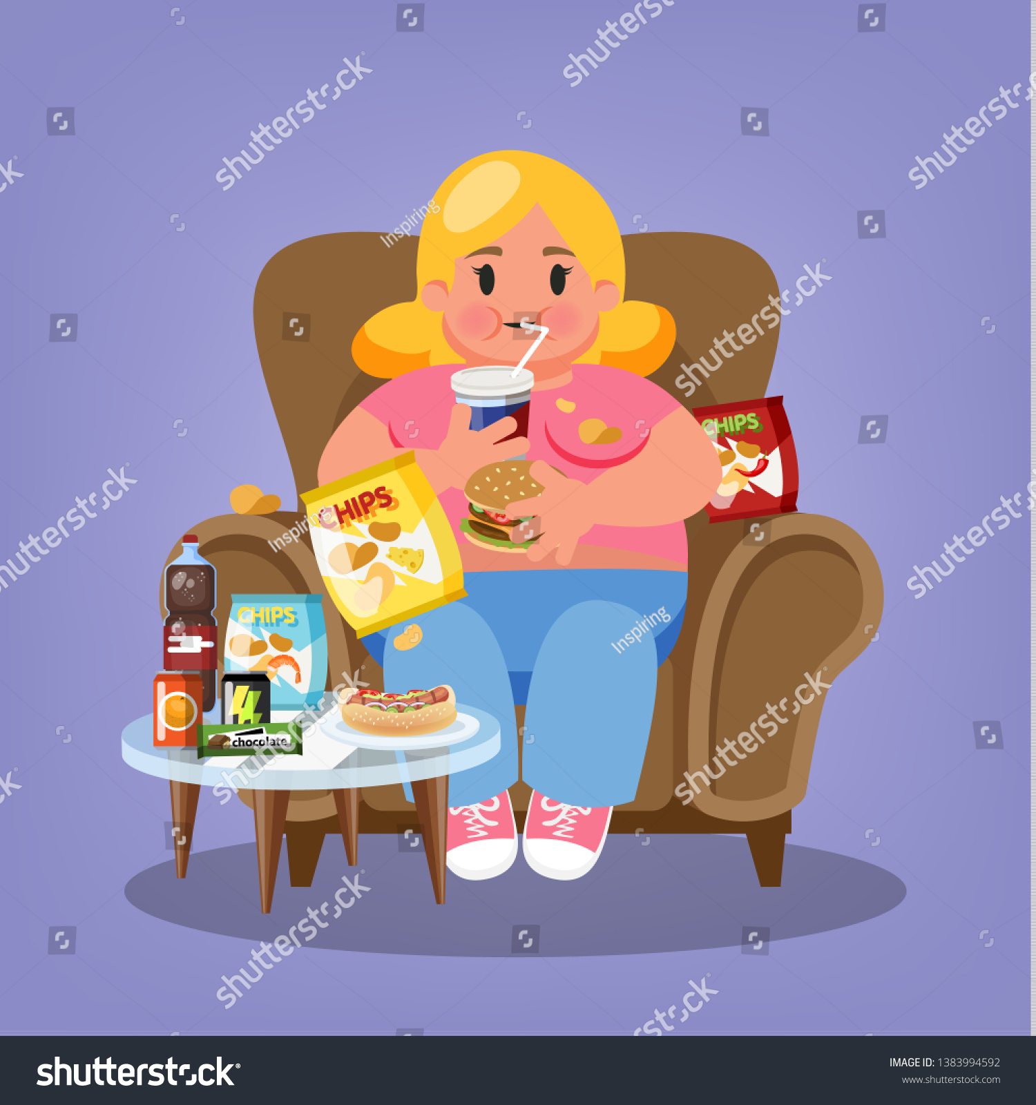 Fat Woman Sitting Armchair Eating Fast Vetor Stock Livre De Direitos