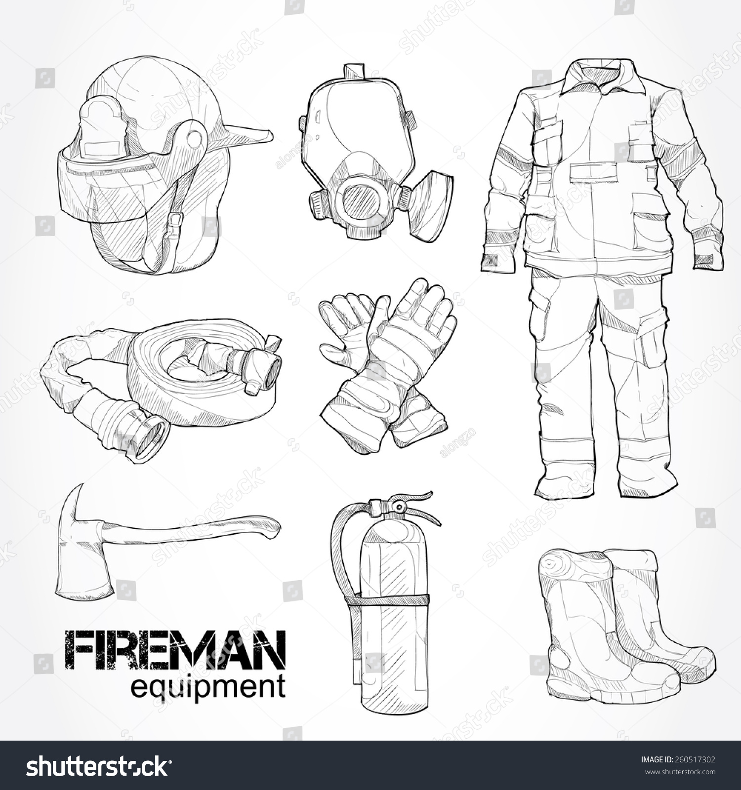 Vektor Stok Fireman Equipment Drawing Vector (Tanpa Royalti) 260517302 ...