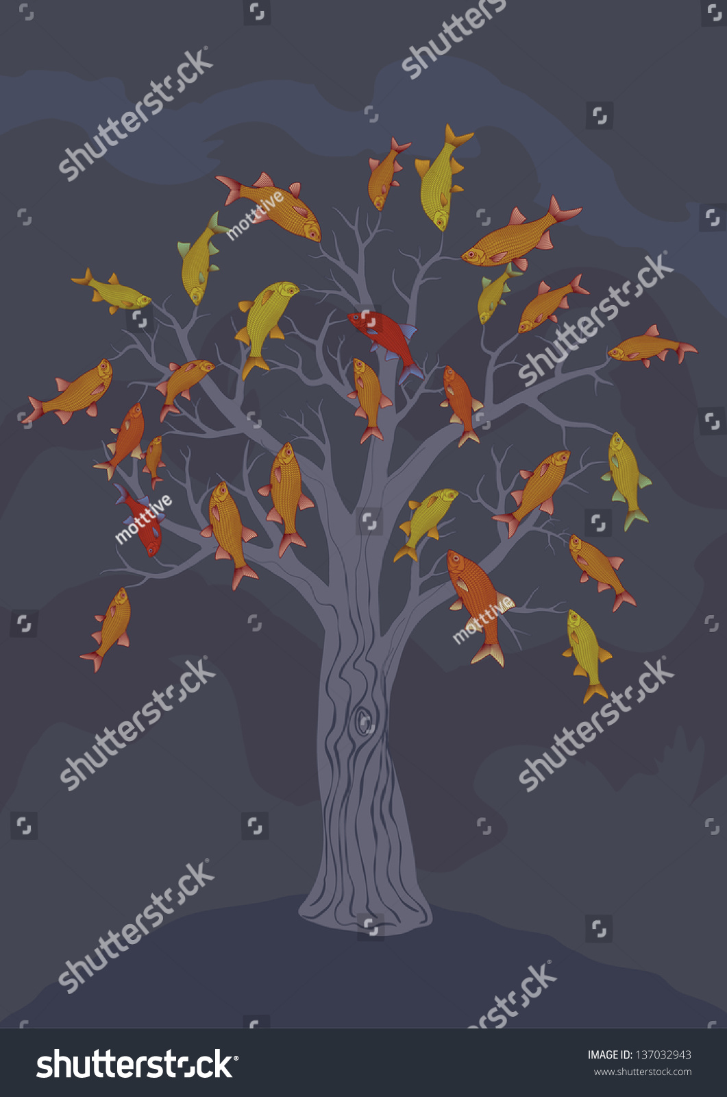 Fish Hanging Tree Vector Drawing Stock Vector (Royalty Free) 137032943 ...
