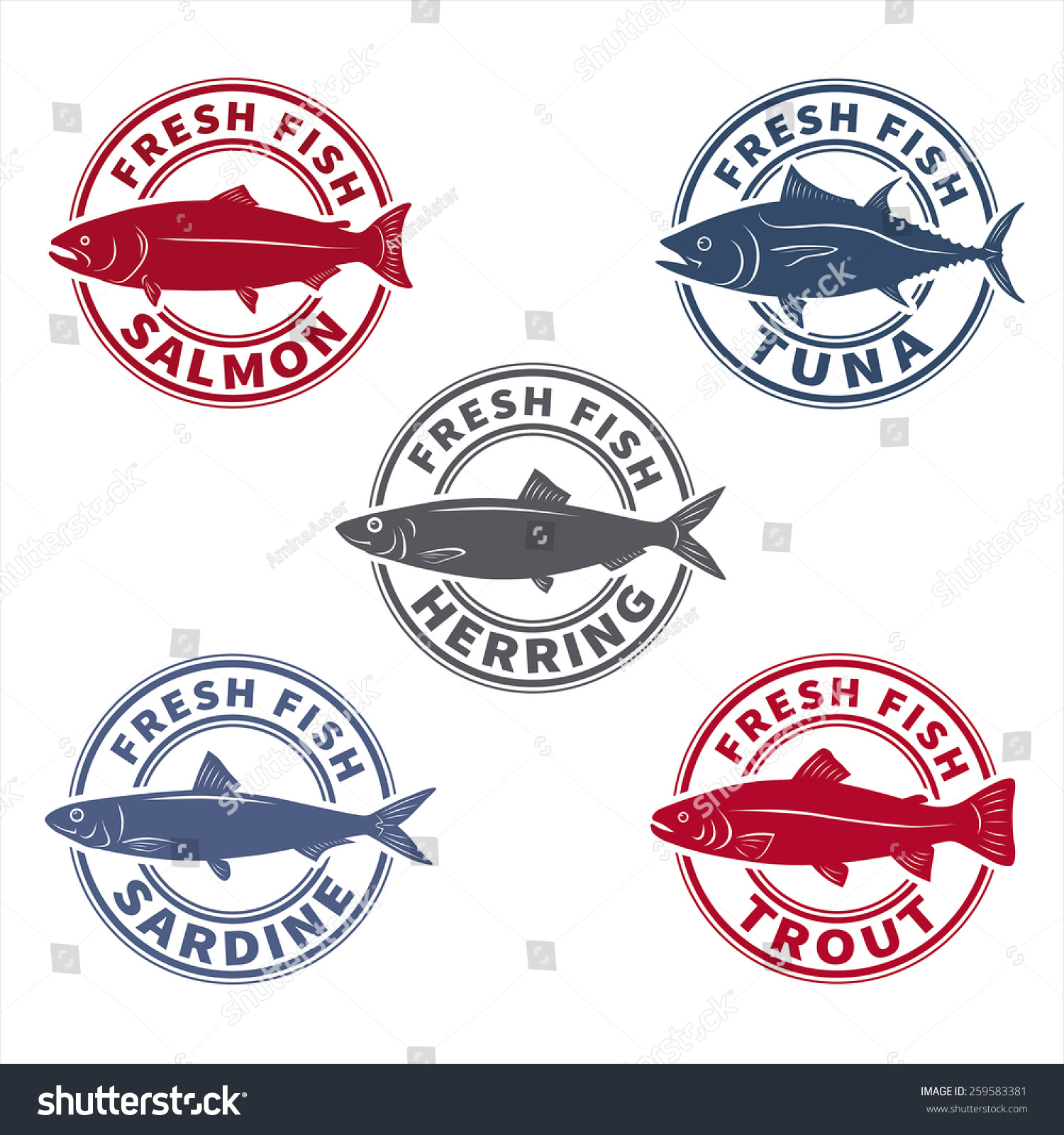 Fish Labels Set 6 Rubber Stamp Stock Vector (Royalty Free) 259583381