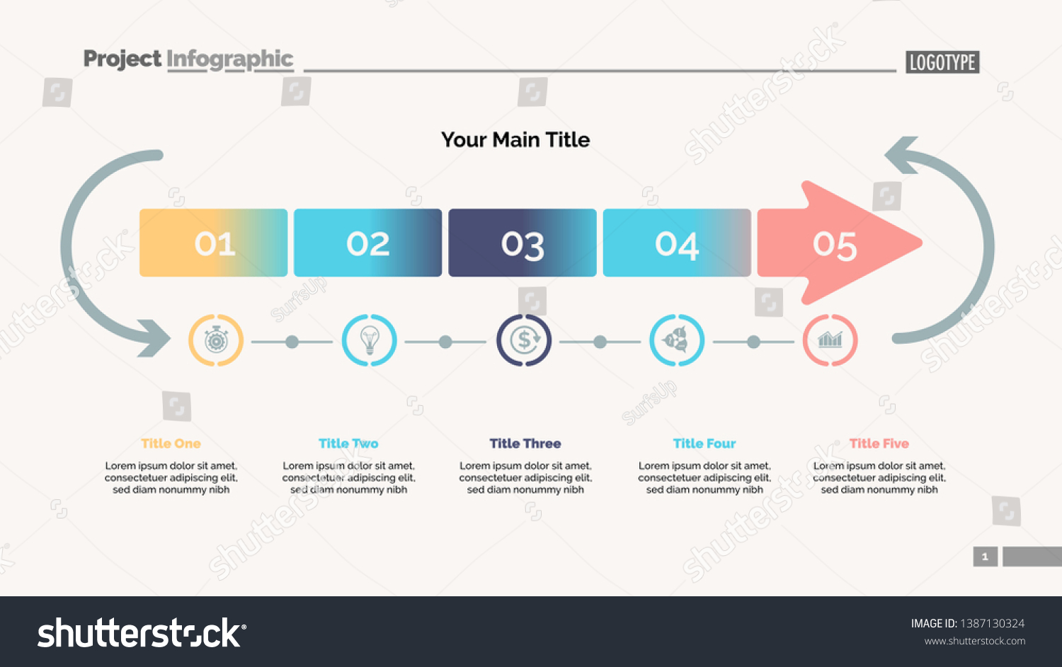 Five Arrow Segments Process Chart Slide Stock Vector (Royalty Free) 1387130324