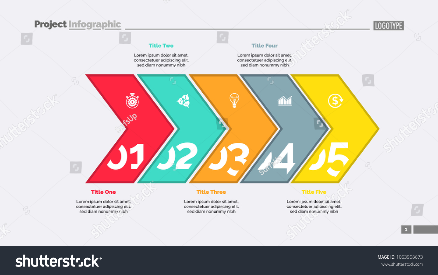 Five Arrows Process Chart Slide Template Stock Vector (Royalty Free ...