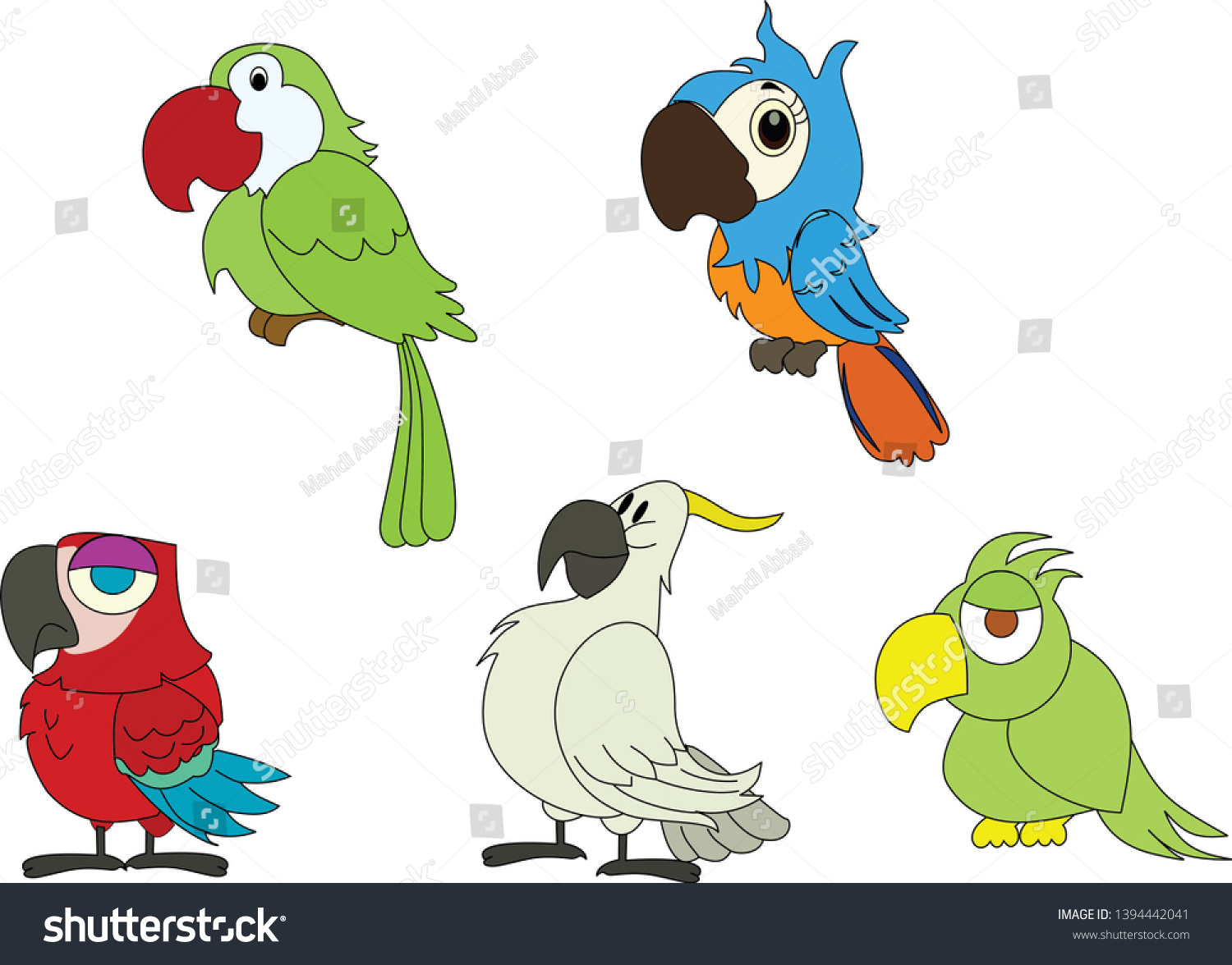 Five Parrot Characters Different Personalities Stock Vector (Royalty ...