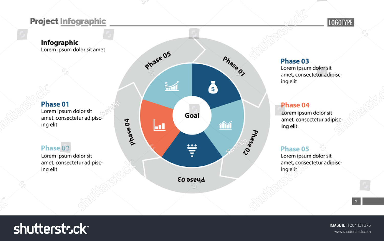 Five Phases Process Chart Slide Template: vector de stock (libre de ...