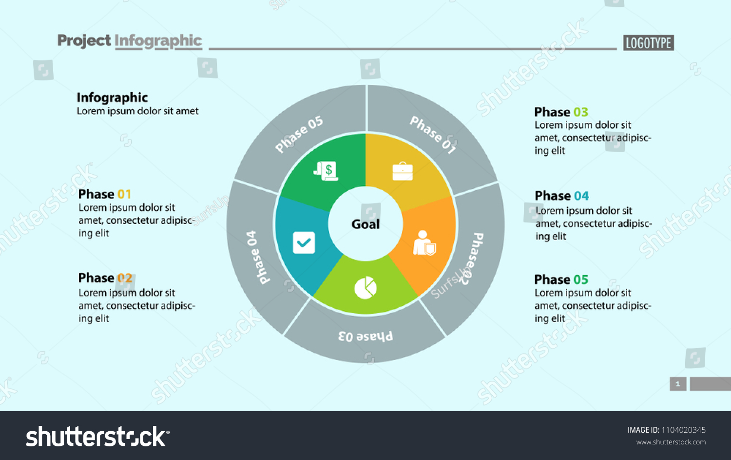 Five Sectors Process Chart Slide Template: vector de stock (libre de ...