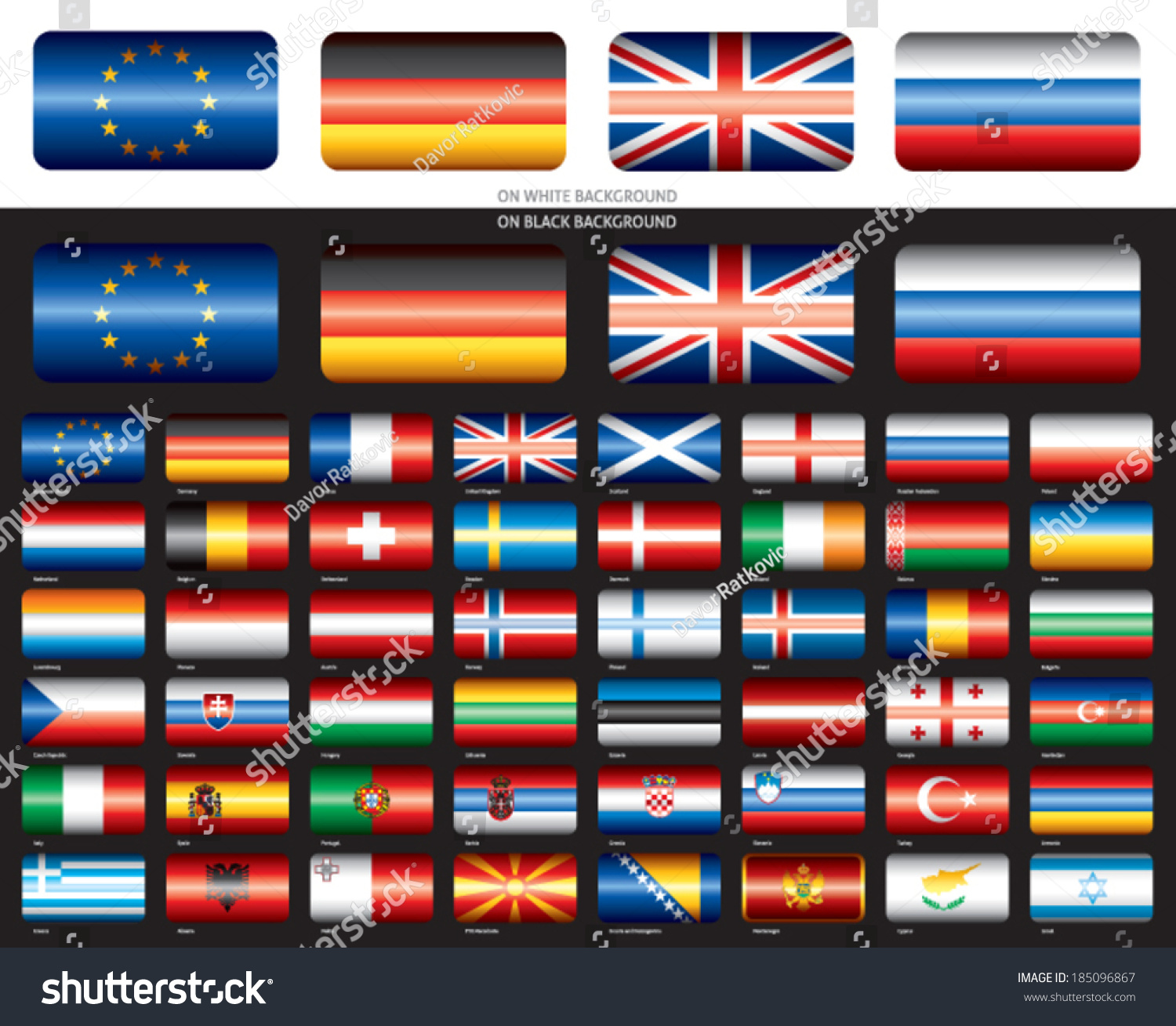 Flags Set On Black Background Europe Stock Vector (Royalty Free) 185096867