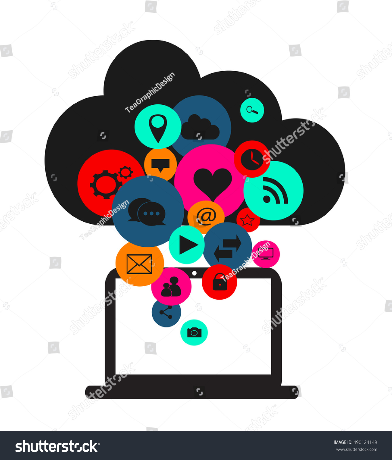Flat Computer Vector Social Media Icons 스톡 벡터(로열티 프리) 490124149 ...
