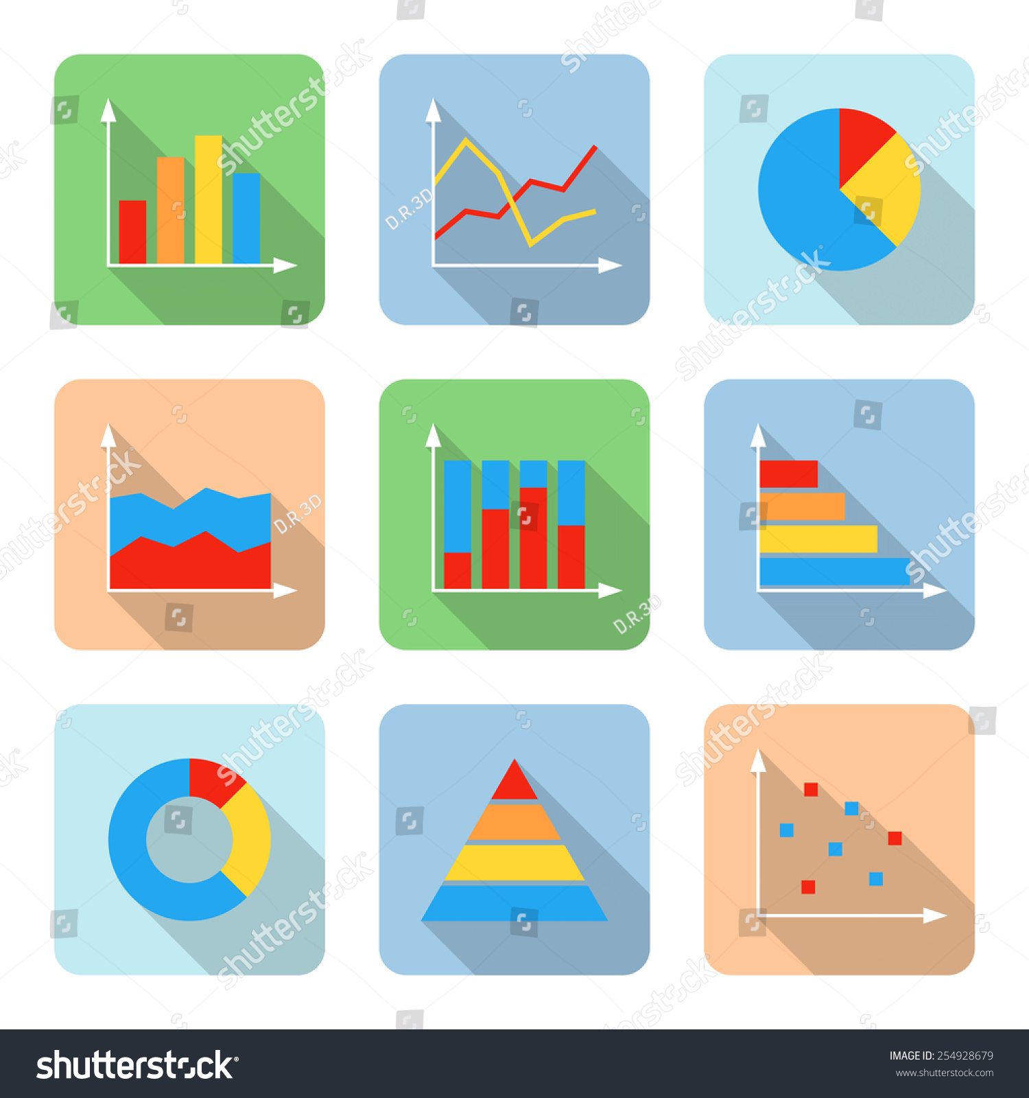 Flat Graph Icons Long Shadows Vector Stock Vector (Royalty Free) 254928679