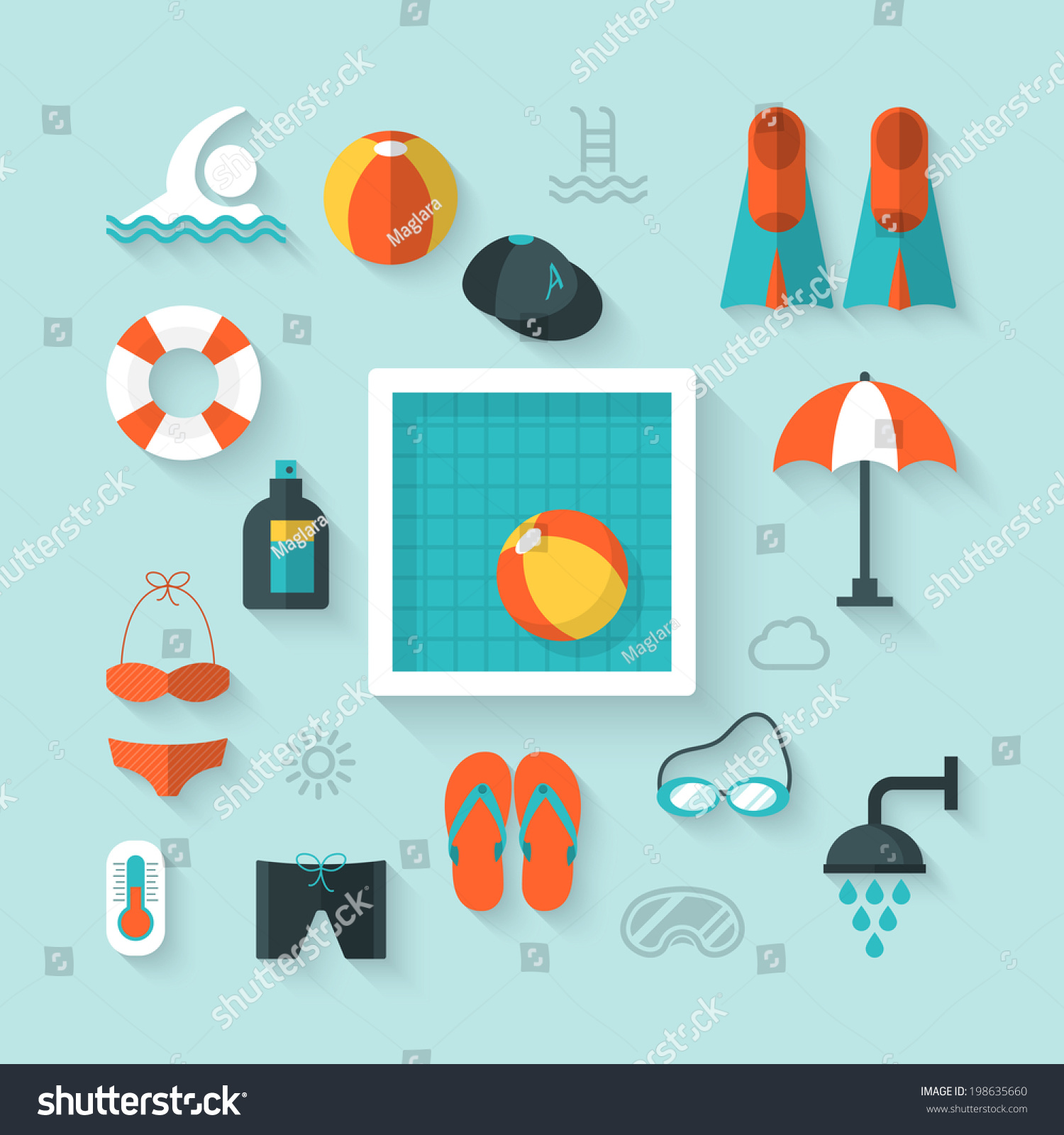 Flat Icons Swimming Pool Activity Stock Vector (Royalty Free) 198635660