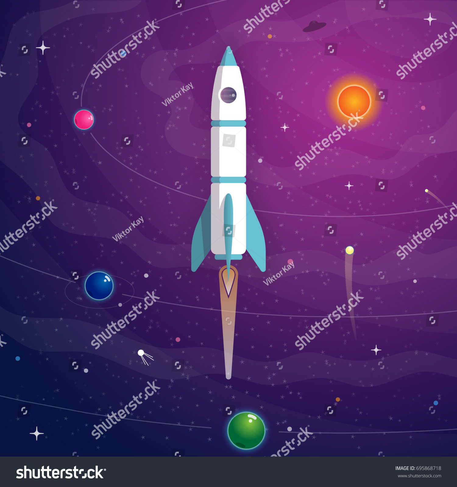 Flat Rocket Launch On Space Background Stock Vector (Royalty Free ...