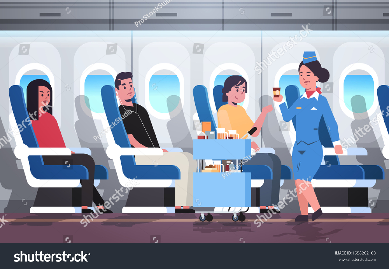 Flight Attendant Serving Drinks Passengers Stewardess Stock Vector