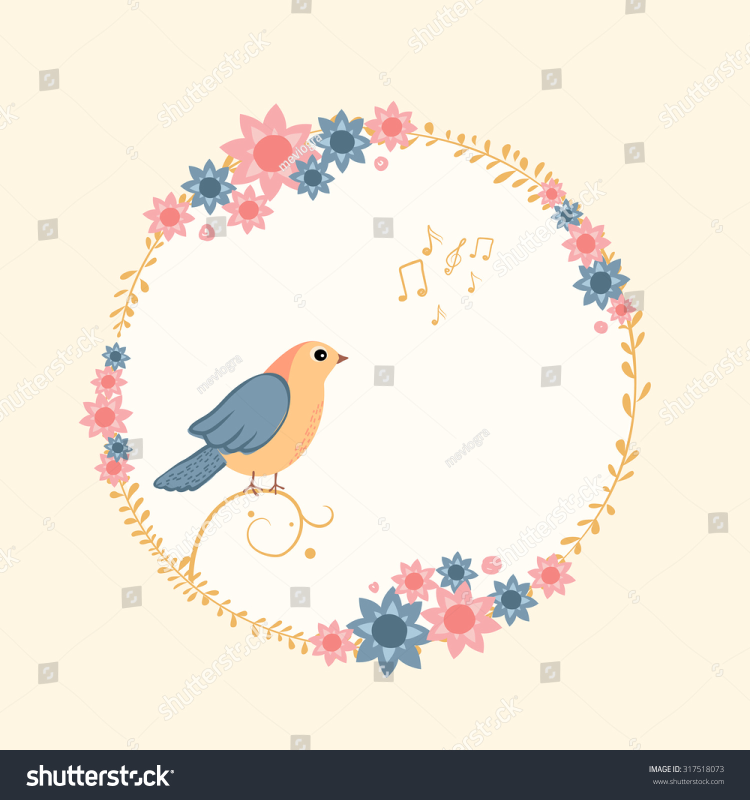 Floral Frame Singing Bird Vector Stock Vector 317518073 - Shutterstock