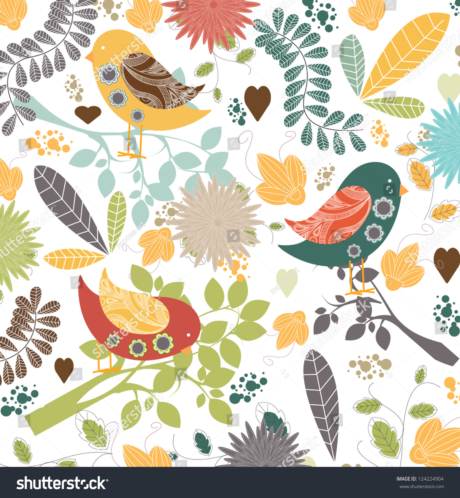 Floral Seamless Pattern Birds Stock Vector (Royalty Free) 124224904 ...