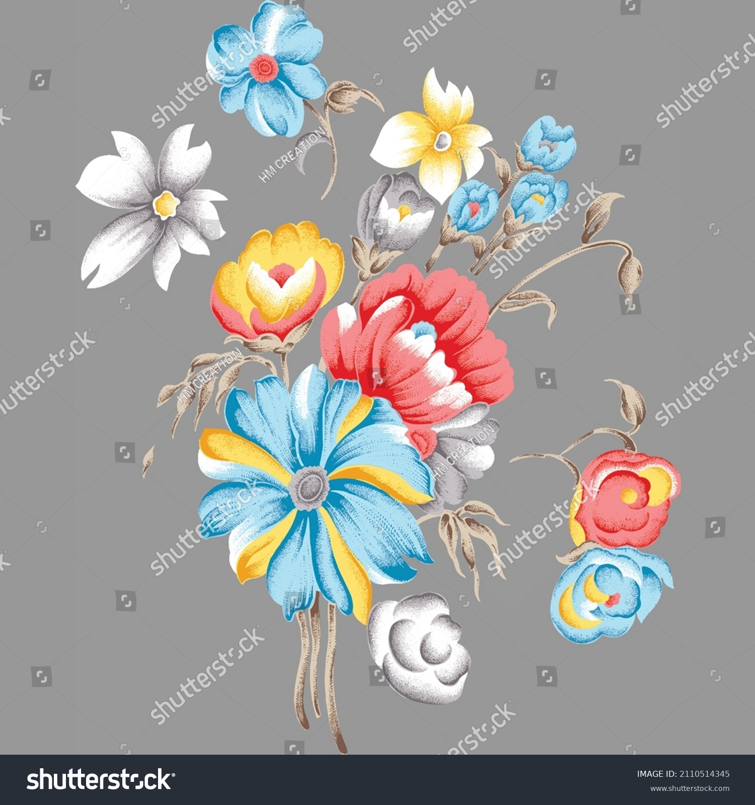Flower Bunch Textile Print Work Stock Vector (Royalty Free) 2110514345 ...