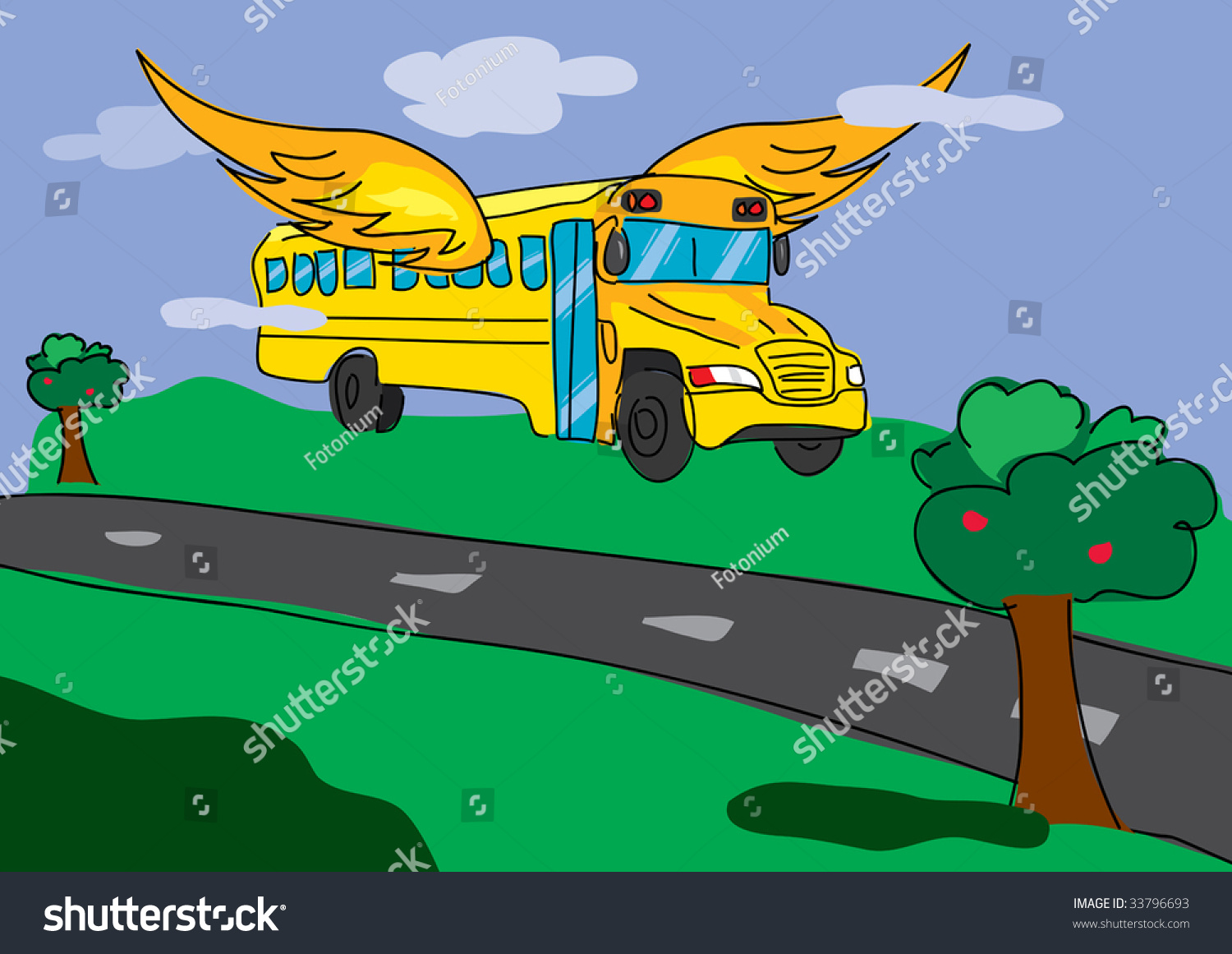 Flying School Bus Through Clouds Back Stock Vector (Royalty Free ...