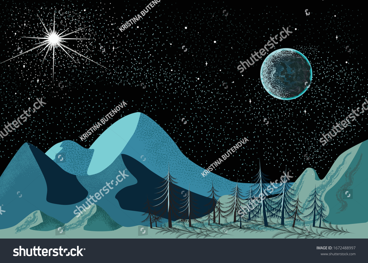 Forest Mountains Night Landscape Moon Stock Vector (Royalty Free ...