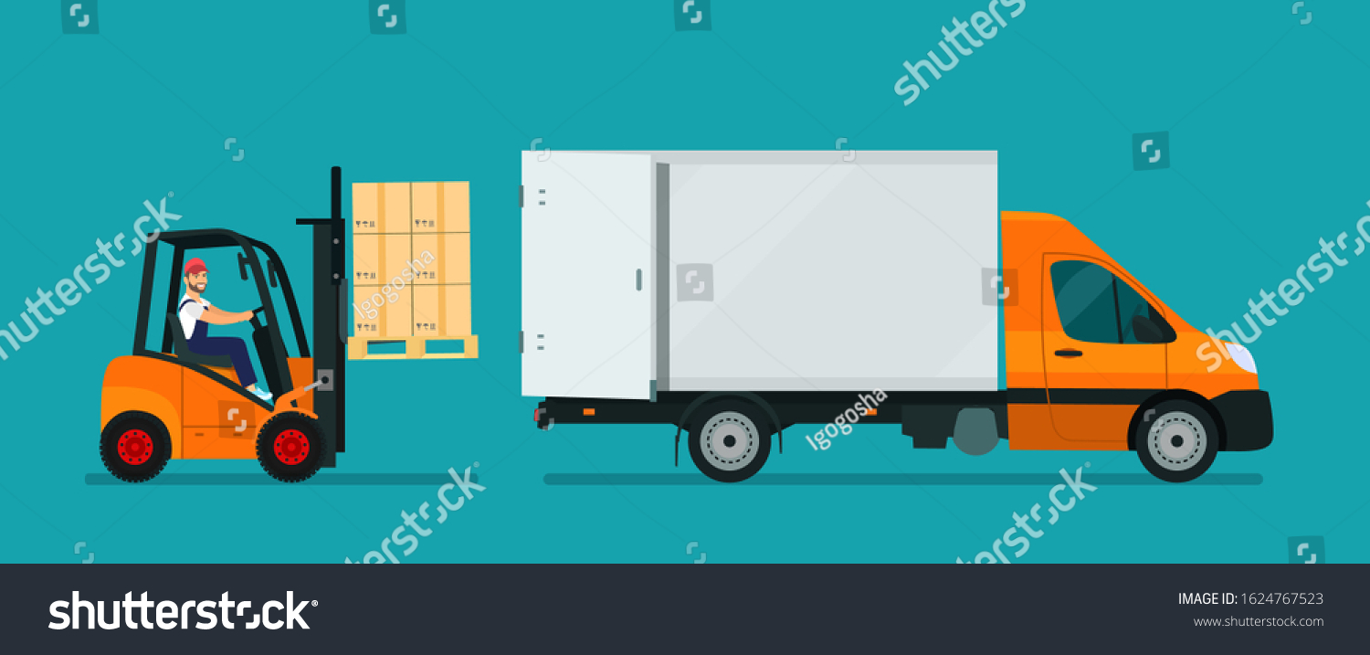 Forklift Cargo Van Loading Vector Flat Stock Vector (Royalty Free ...