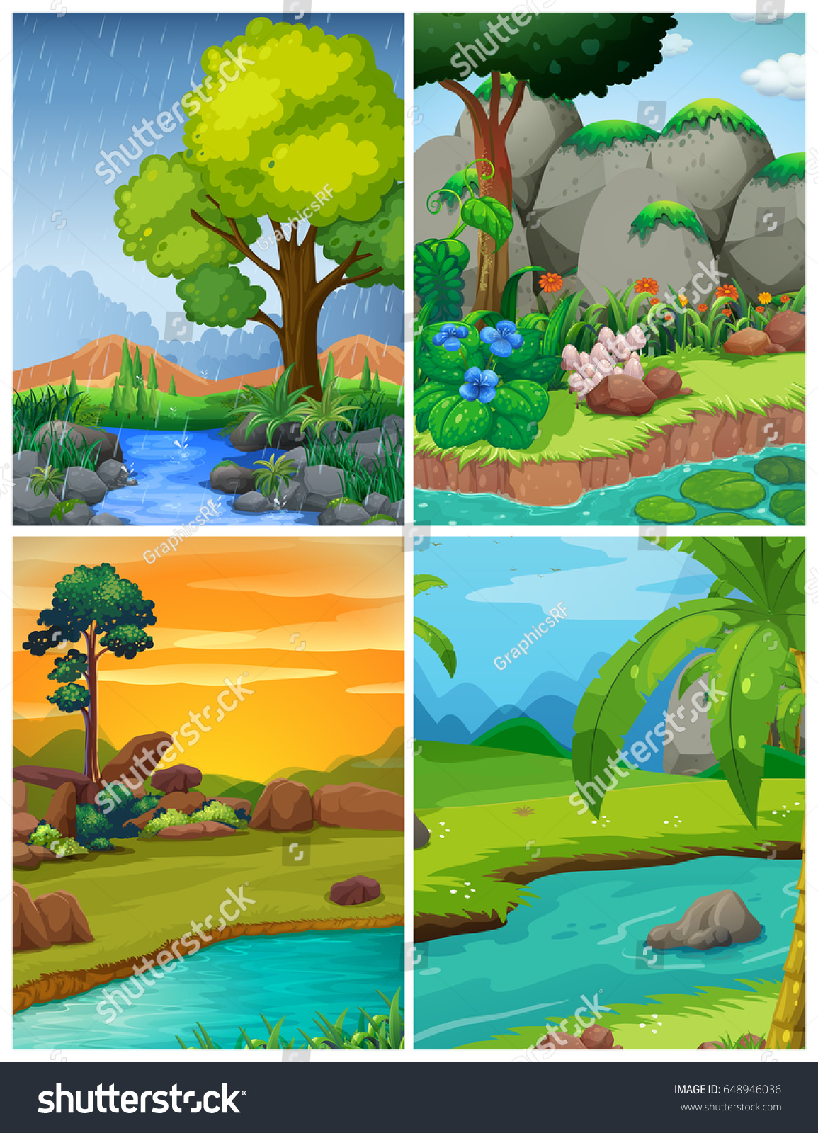 Four Forest Scenes Rivers Illustration Stock Vector (Royalty Free ... Four Forest Scenes Rivers Illustration Stock Vector (Royalty Free ...