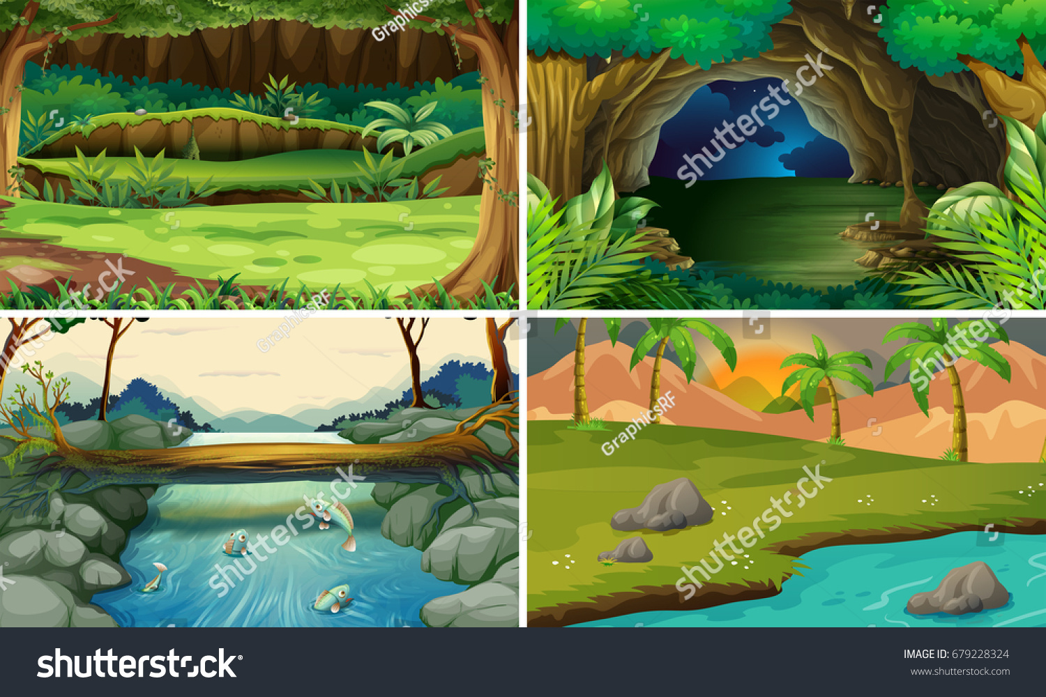 Four Forest Scenes Trees Rivers Illustration Stock Vector (Royalty Free ... Four Forest Scenes Trees Rivers Illustration Stock Vector (Royalty Free ...