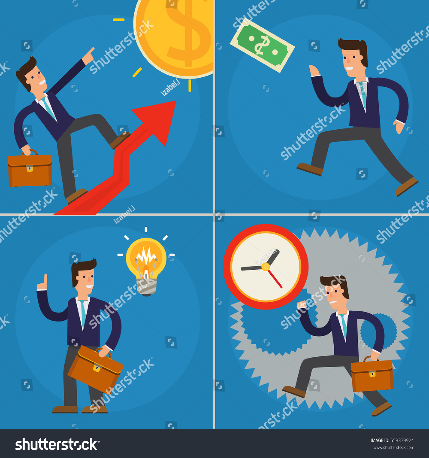 Four Illustrations Cartoon Character Successful Businessman Stock