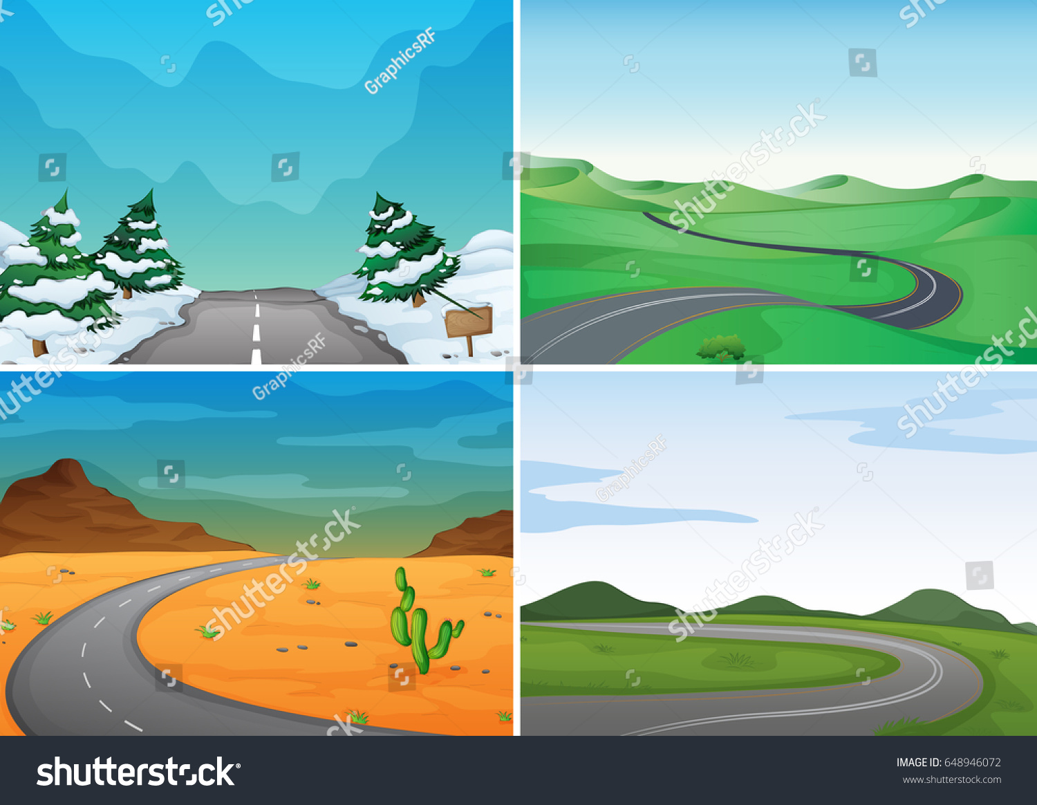 Four Scenes Empty Roads Illustration Stock Vector (Royalty Free ...