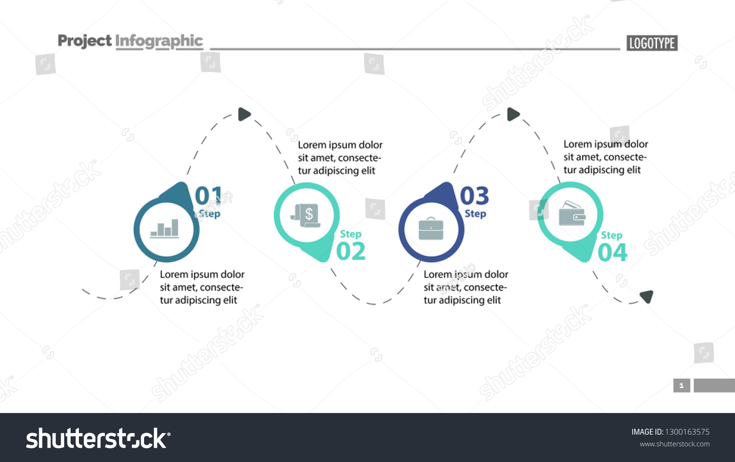 Four Step Process Chart Slide Template 스톡 벡터(로열티 프리) 1300163575 ...
