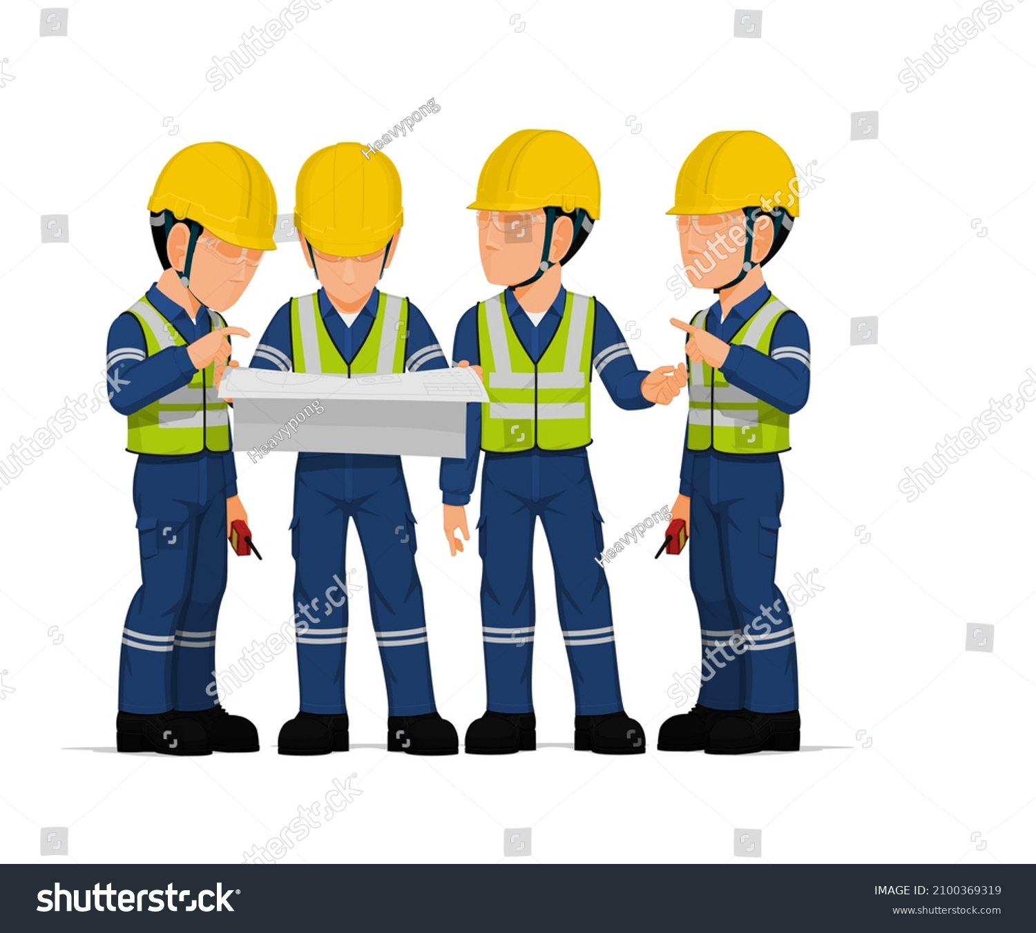 Four Workers Discussing About Engineering Drawing Stock Vector (Royalty ...