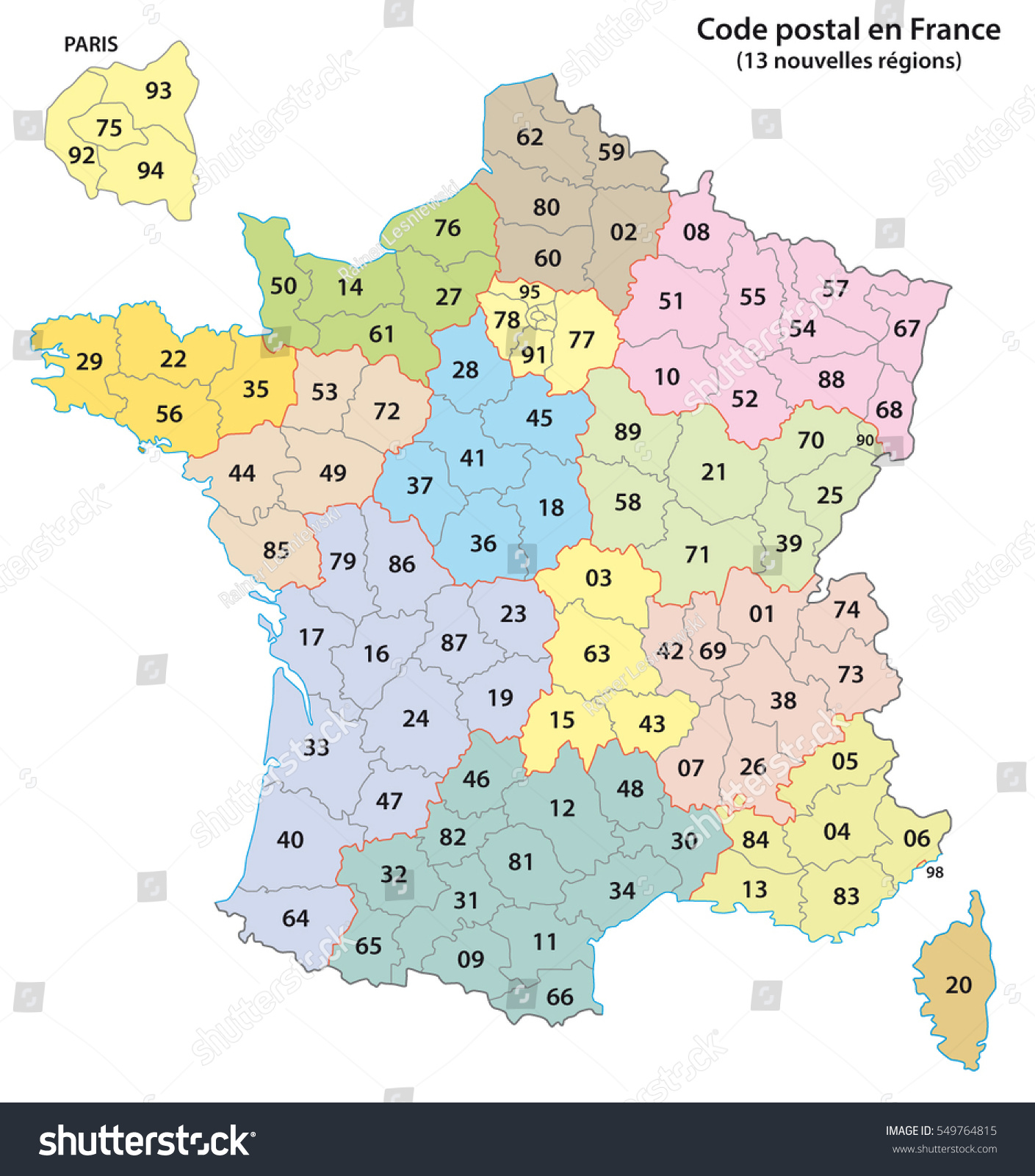 France 2-Digit Postcodes Map 2017 (13 Regions) Stock Vector 549764815 ...