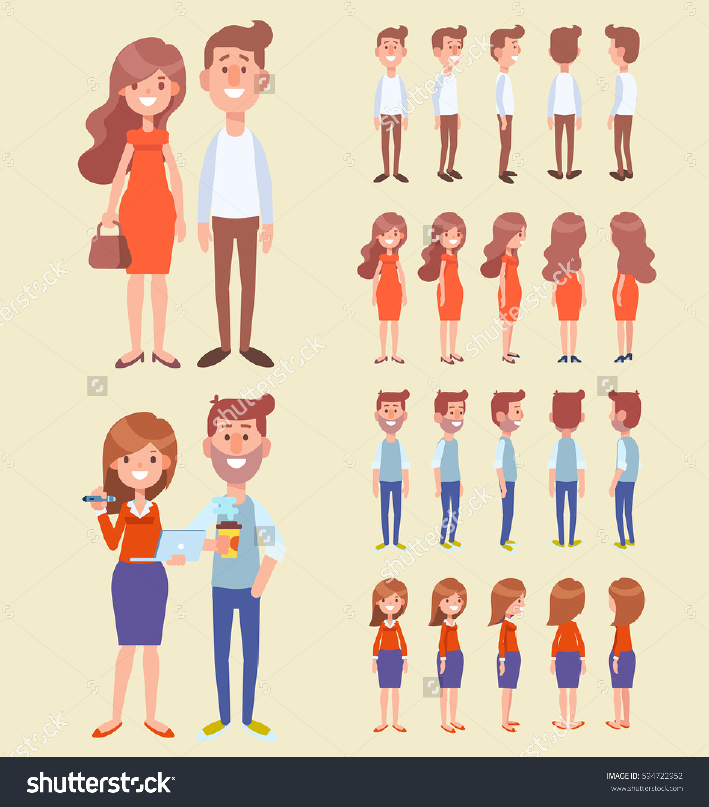 Vektor Stok Front Side Back View Characters Animation (Tanpa Royalti ...