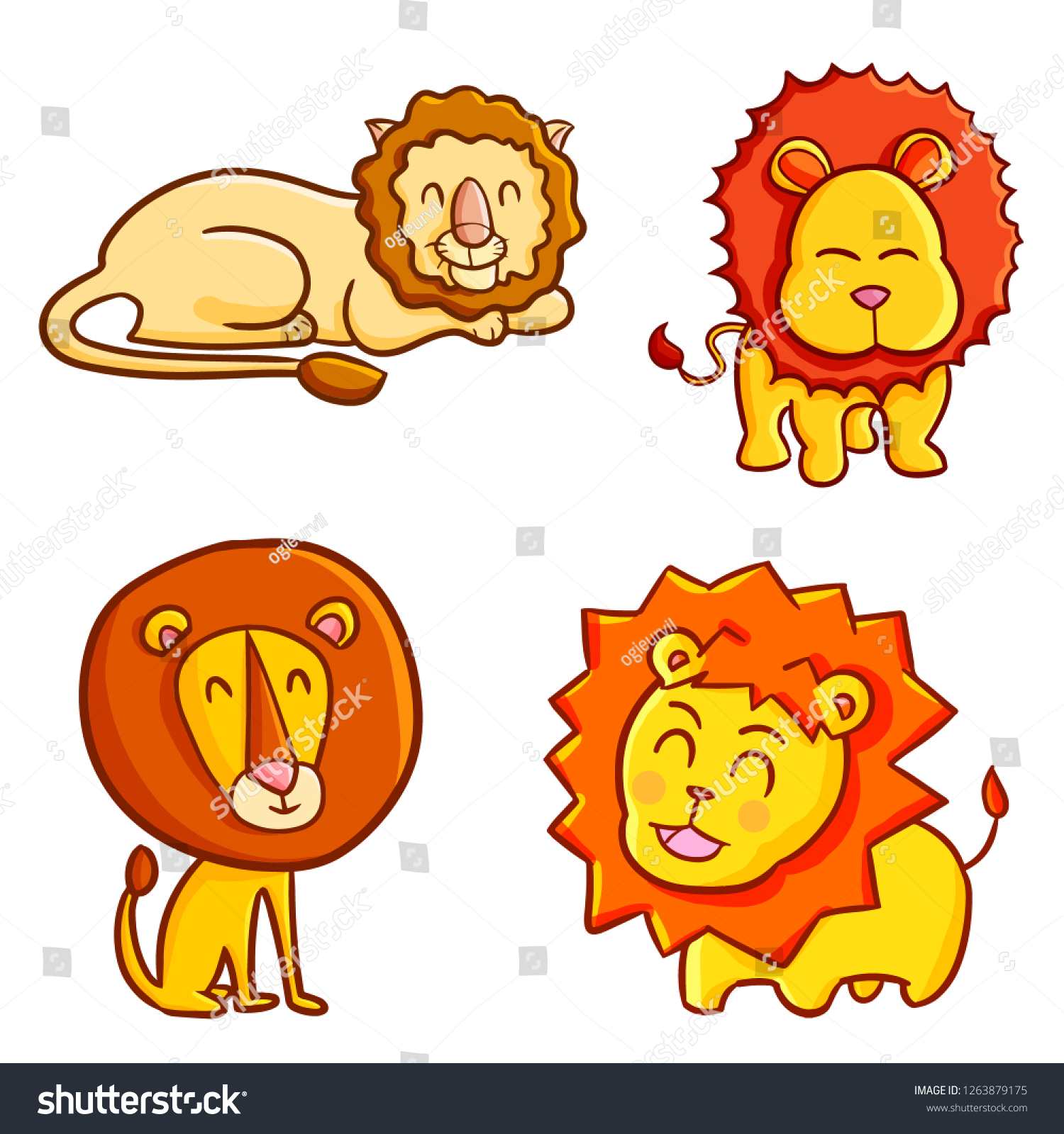 Funny Cute Simple Lion Smiling Set: เวกเตอร์สต็อก (ปลอดค่าลิขสิทธิ์ ...