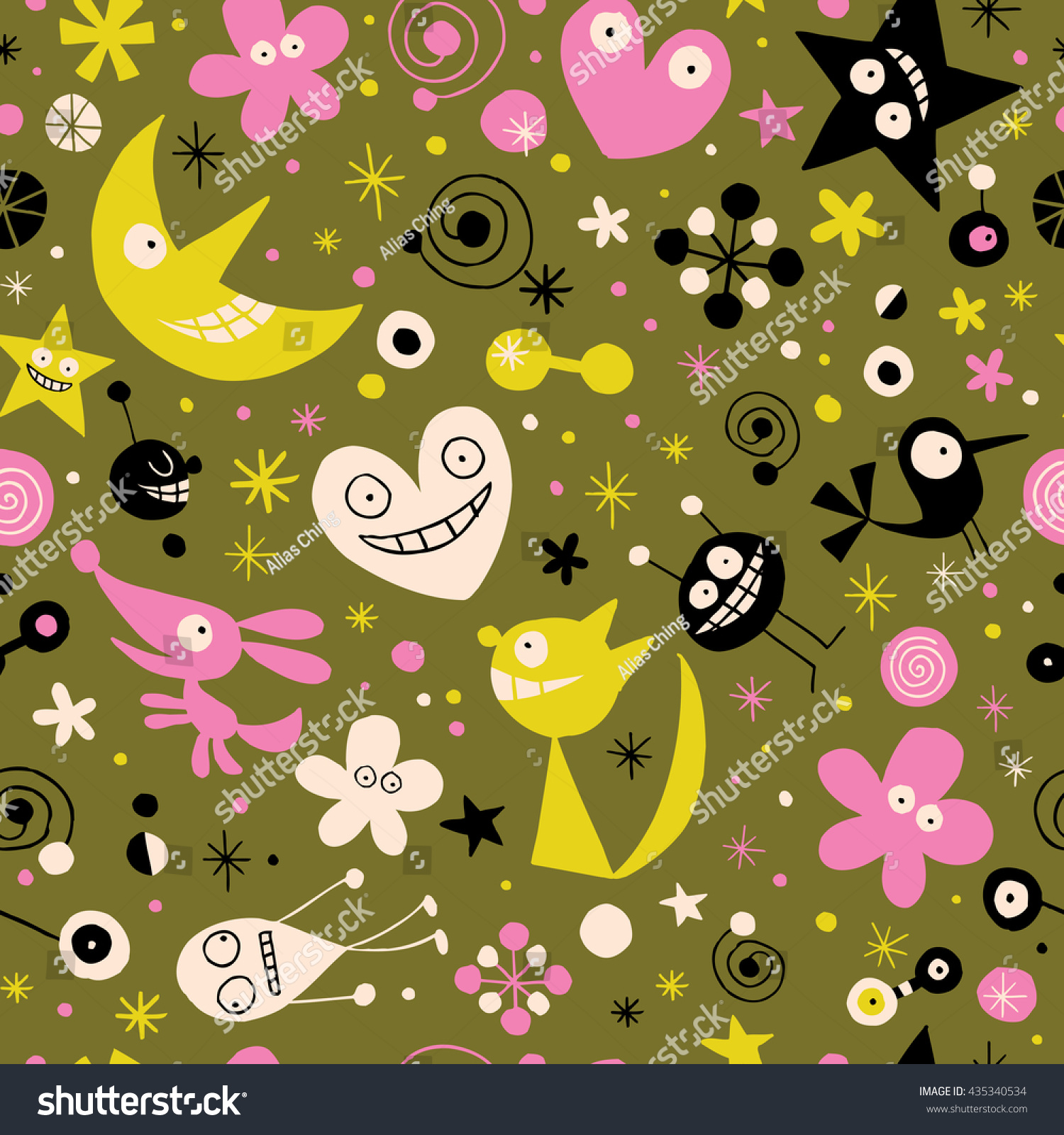 Funny Happy Cartoon Characters Seamless Pattern Stock Vector (Royalty ...