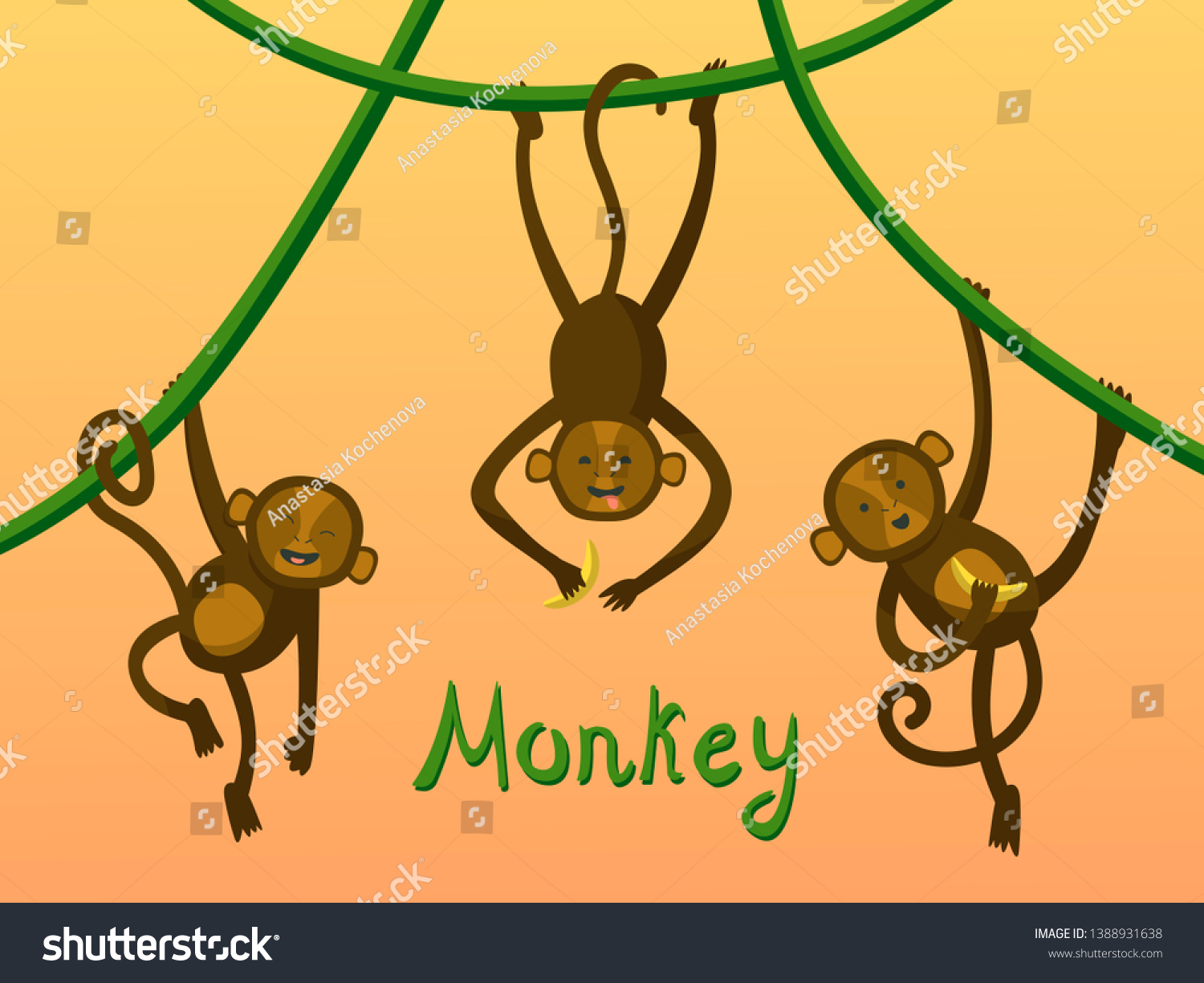 Funny Monkeys Dangle On Liane Isolated Stock Vector (Royalty Free ...