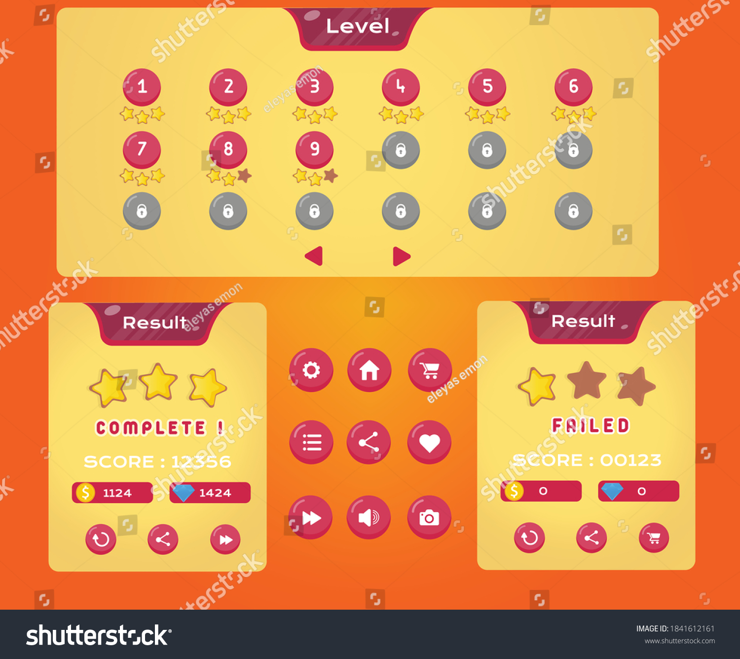 game ui objects kit design.level up,options,complete,failed 스톡 벡터(로열티 ...