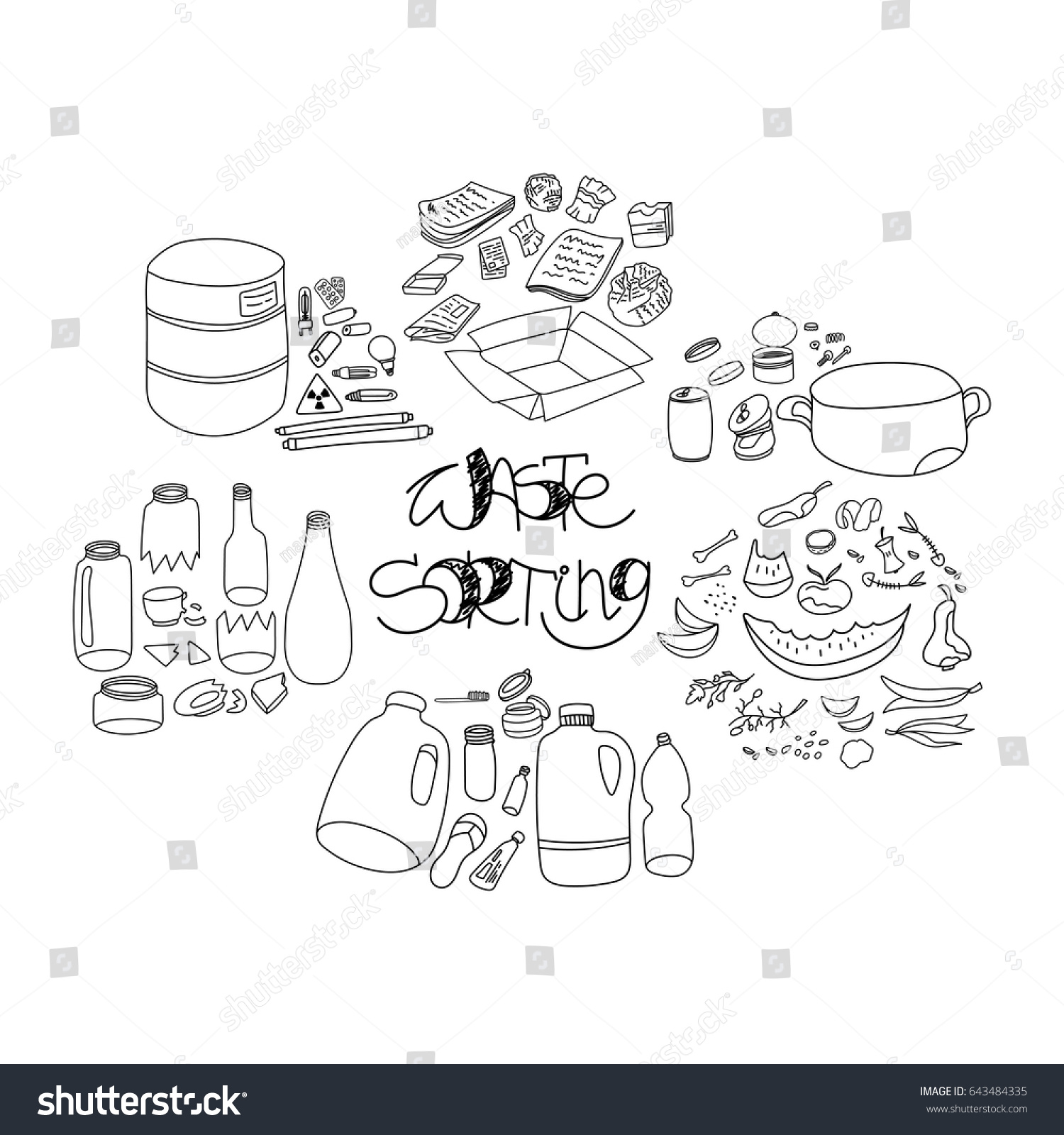 Garbage Sorting Sketch Isolated On White: เวกเตอร์สต็อก (ปลอดค่า ...