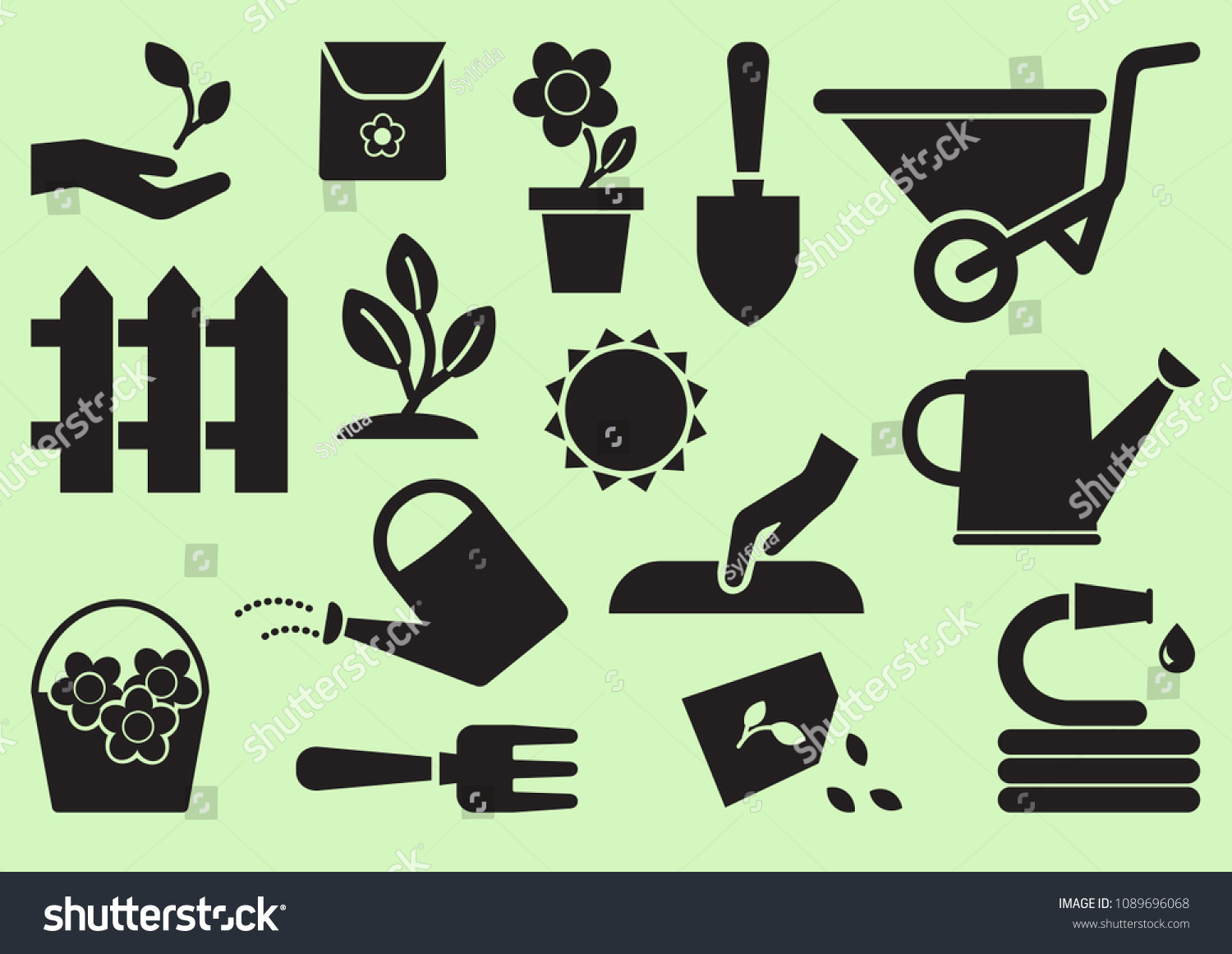 Stock Vektor „gardening Icons Black Silhouettes Vector Illustration Bez Autorských Poplatků