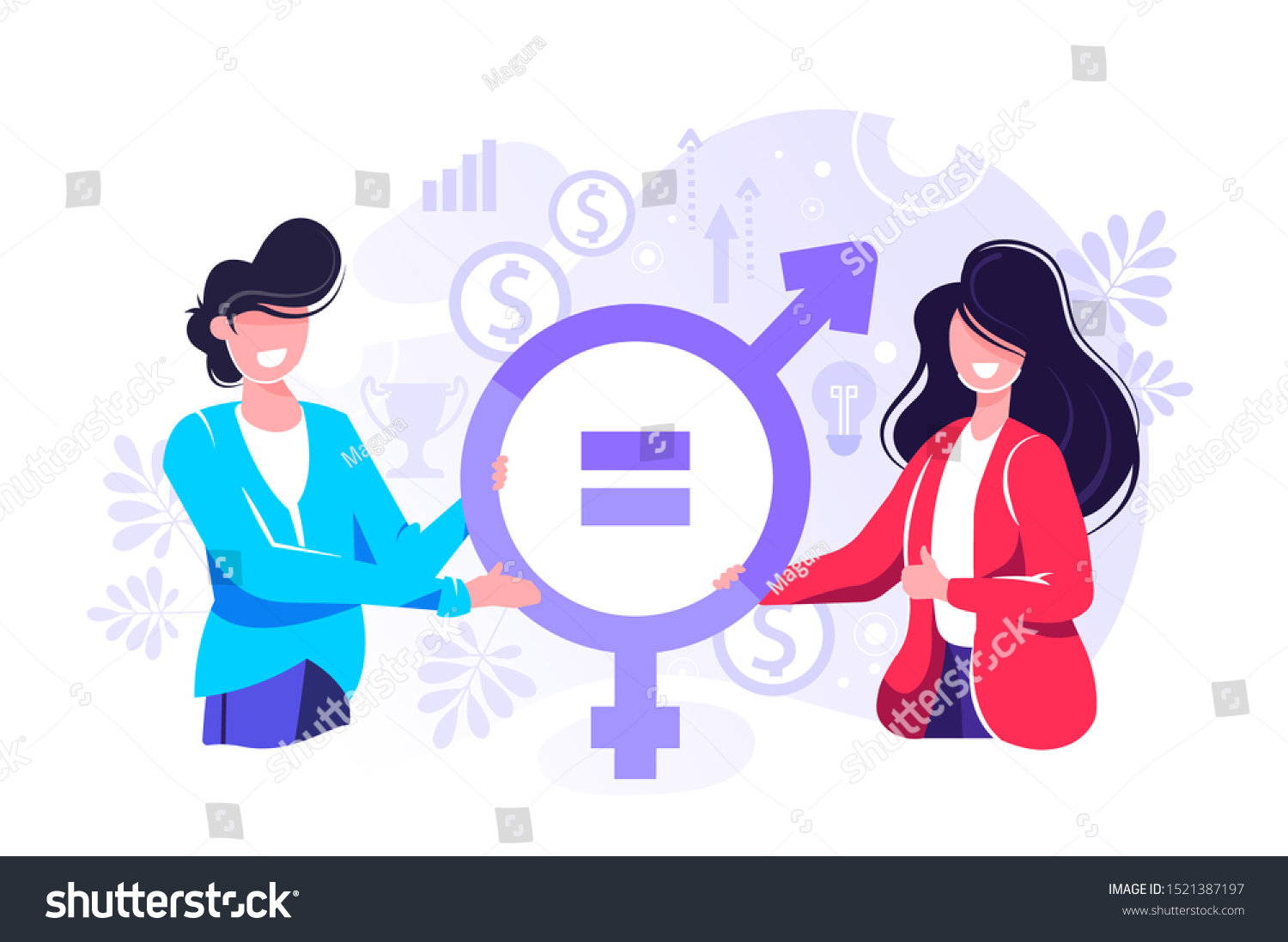 「男女平等のベクターイラスト。セックスシンボルのコンセプトを持つ、平らな小さな人。女性差別を解く社会問題。男性と同じように、寛容、権利、機会を