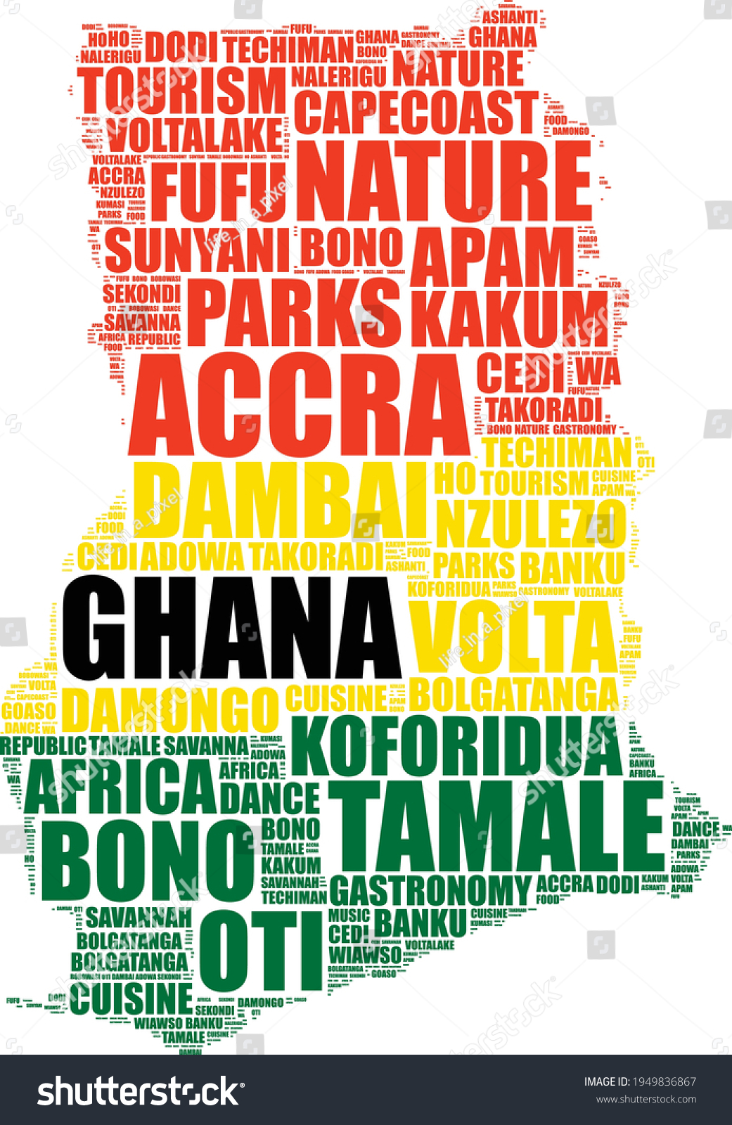 Ghana Map Silhouette Word Cloud Stock Vector (Royalty Free) 1949836867 ...