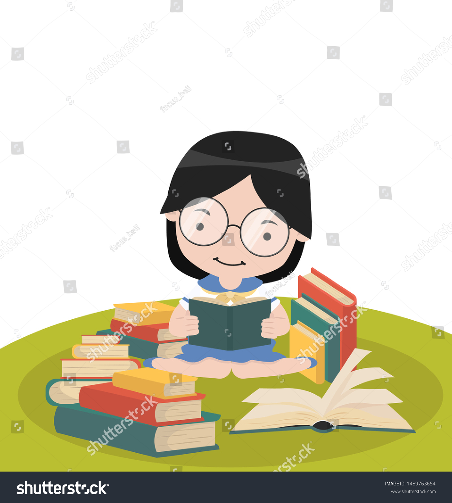 Girl Sit Reading Book Stacks Vector Stock Vector Royalty Free 1489763654