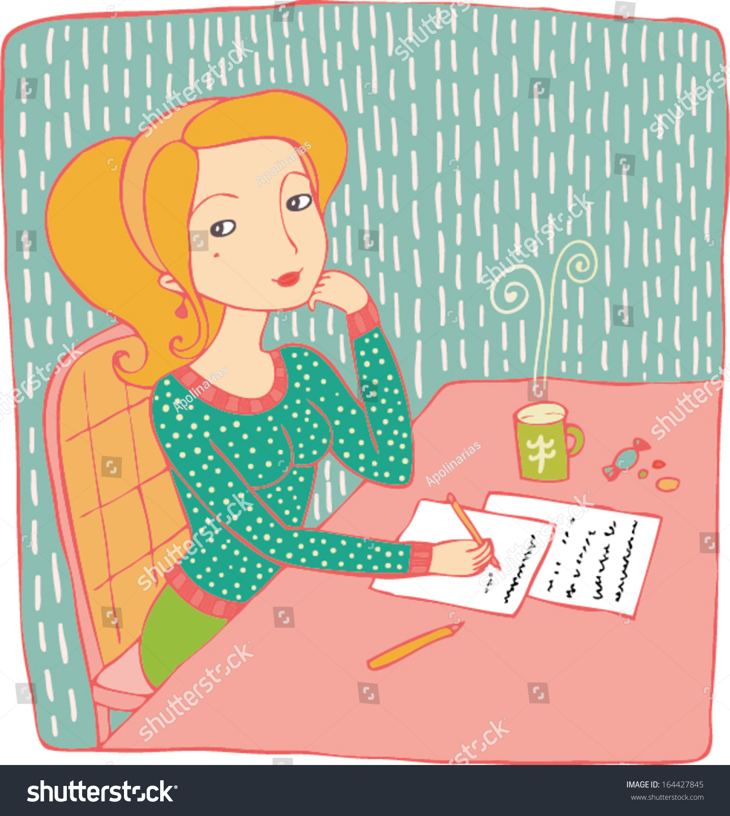 Girl Write Table Thinking Stock Vector (Royalty Free) 164427845 ...