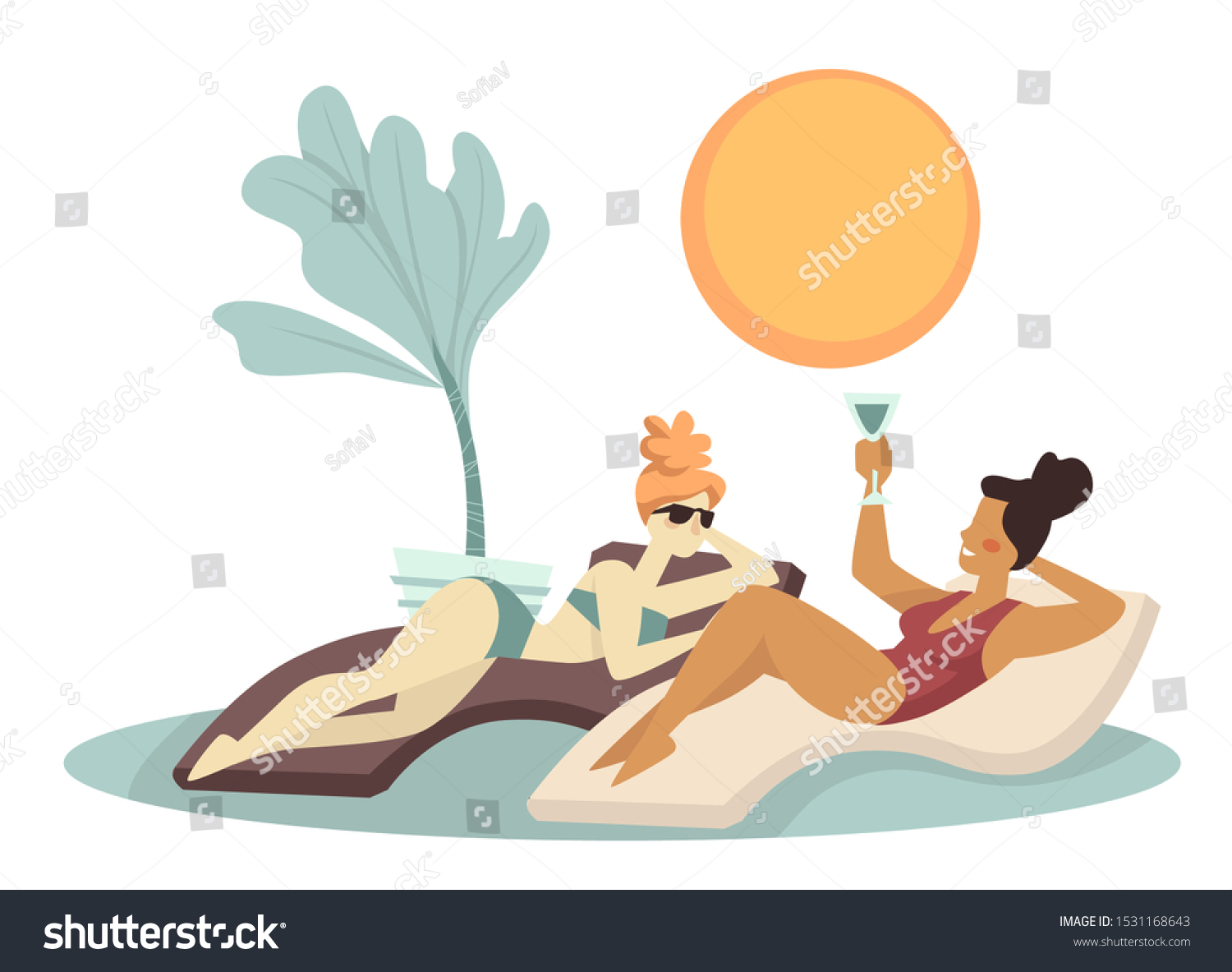 Girlfriends Sunbathing Swimsuits Tanning Resort Two Stock Vector