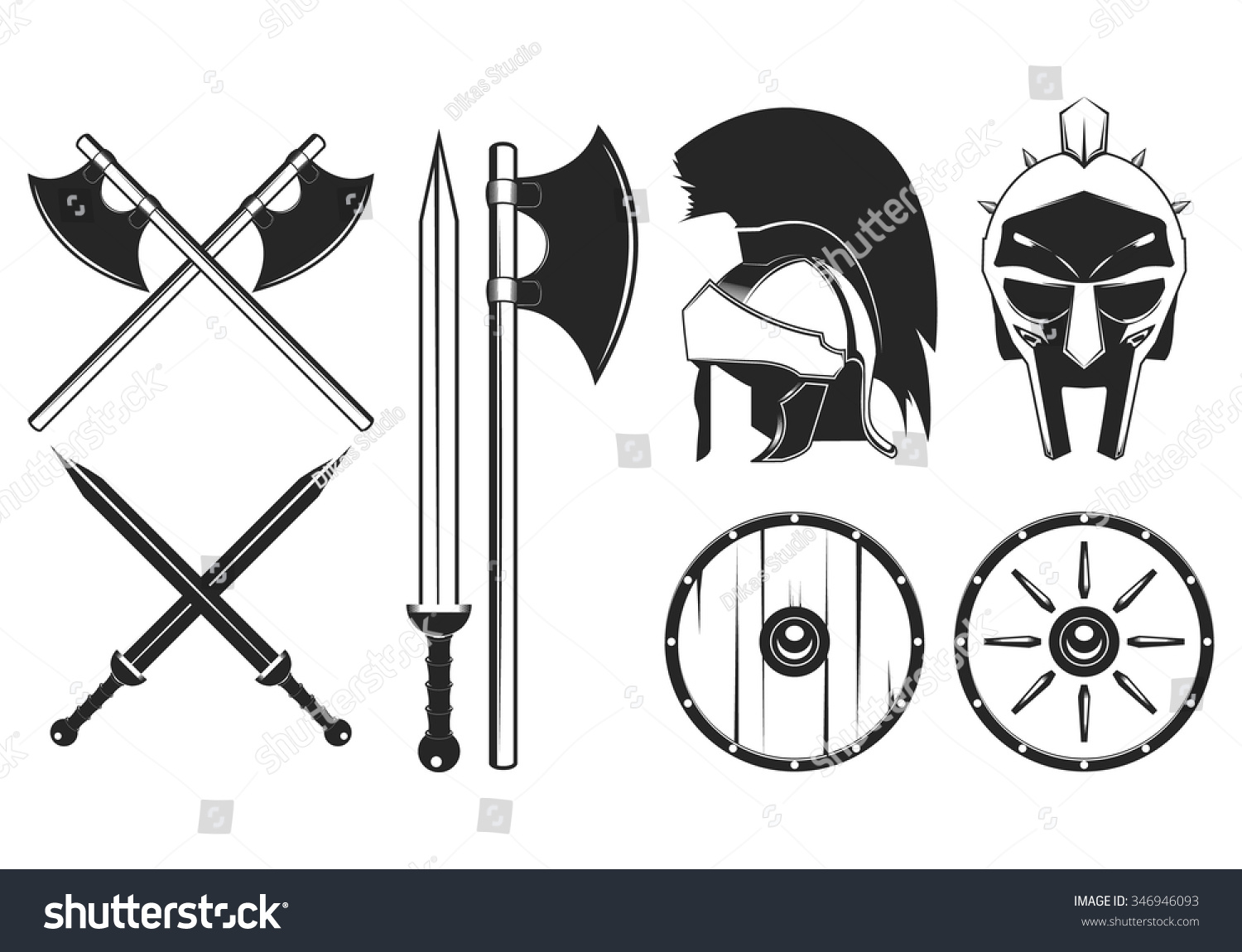 Gladiator Weapon Set Axe Sword Shield: vector de stock (libre de ...
