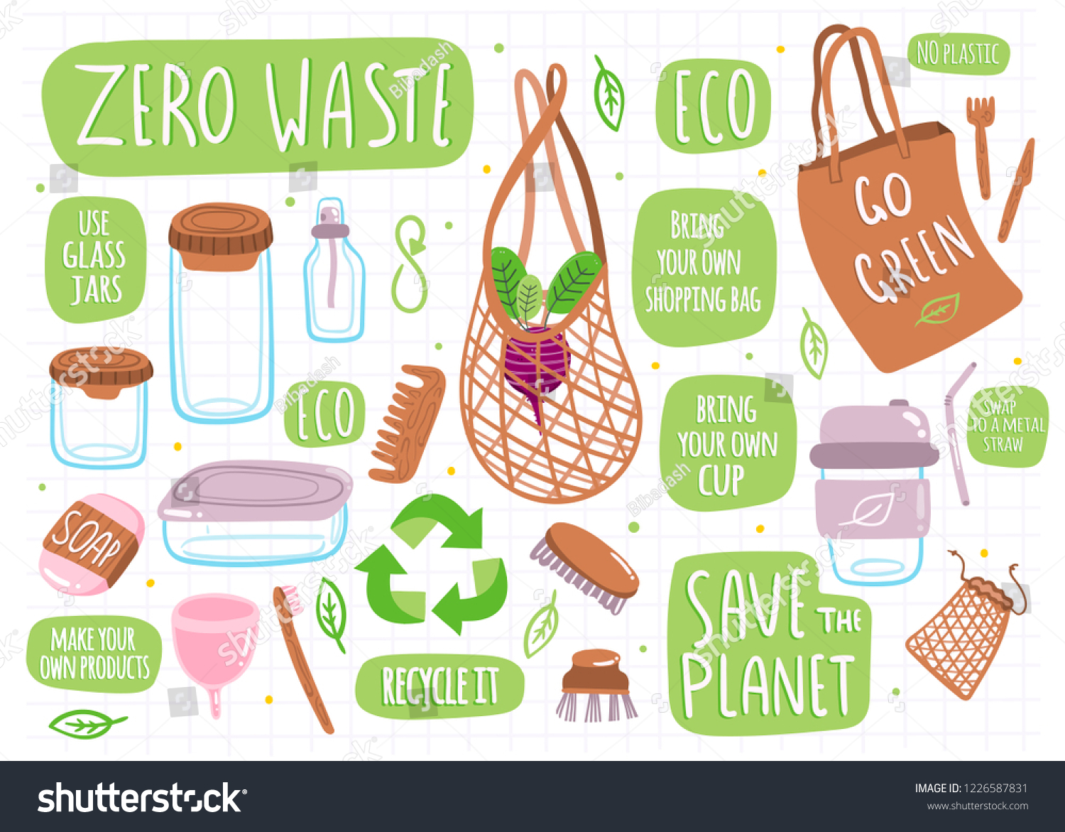 Go Green Zero Waste Various Eco Stock Vector (Royalty Free) 1226587831