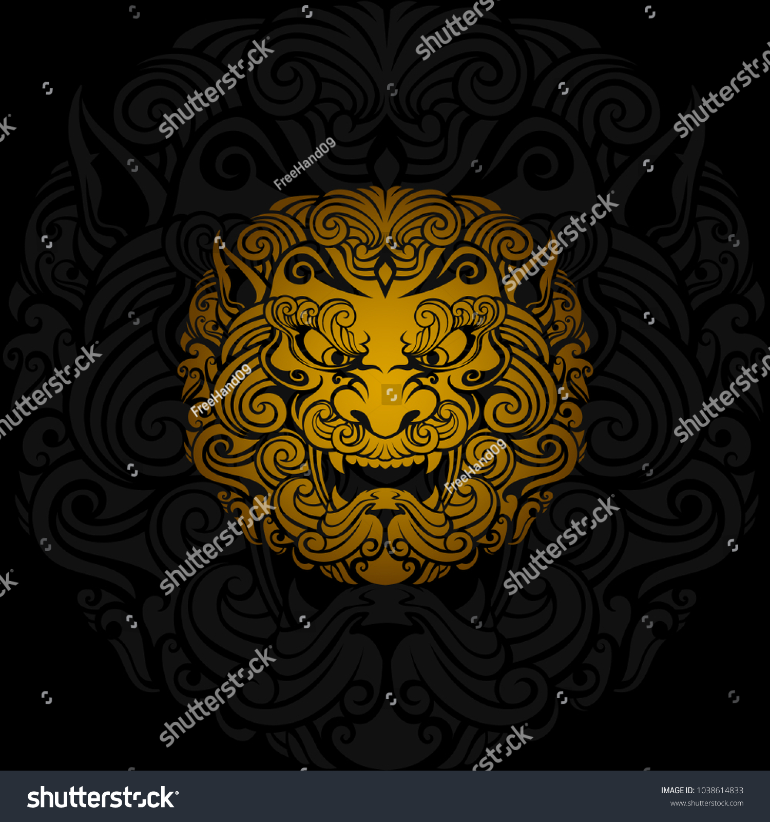 Gold Foo Dog Vector Dark Background Stock Vector (Royalty Free) 1038614833