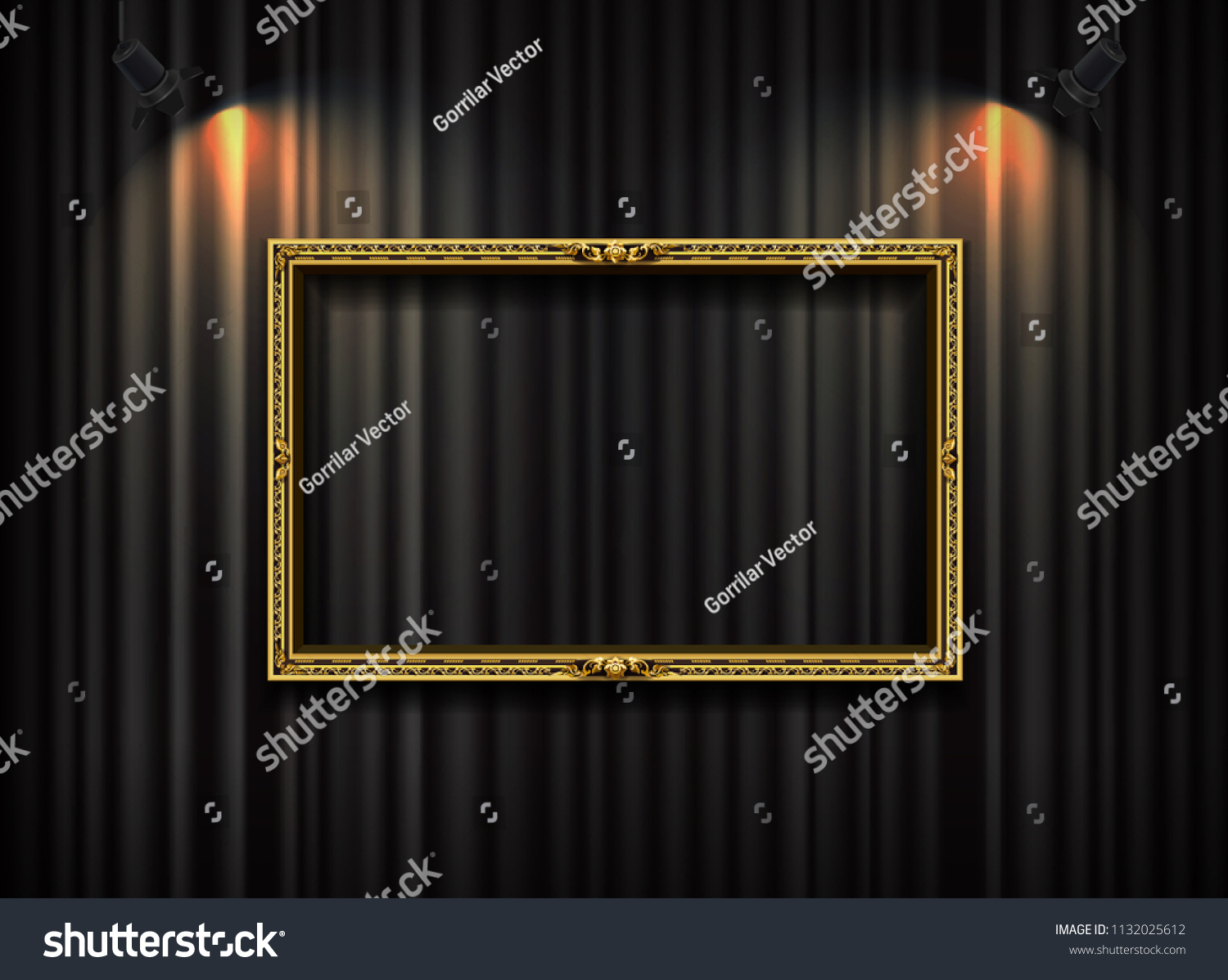 Gold Frame Spotlight On Curtain Background Stock Vector (Royalty Free ...