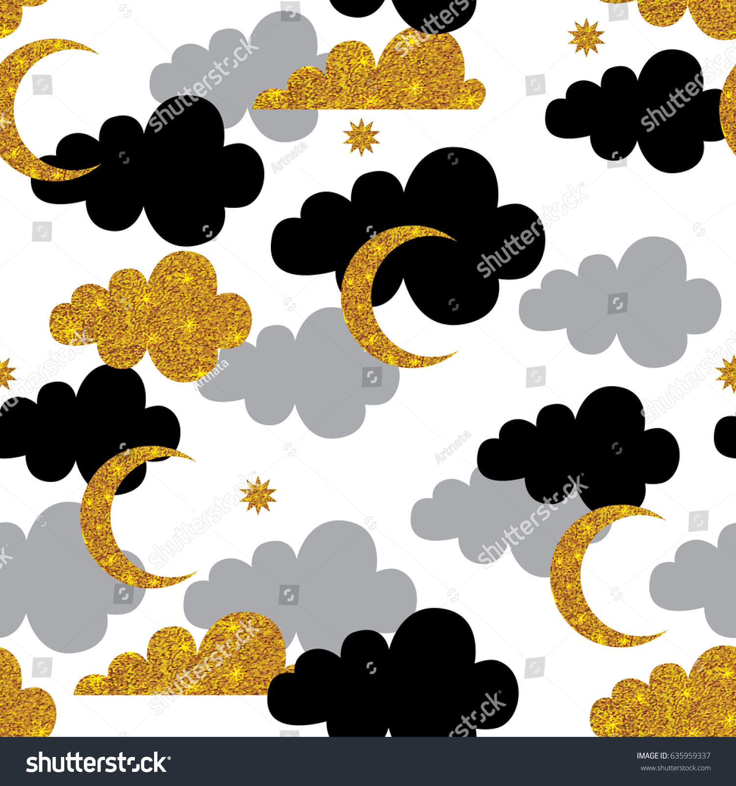 Gold Glitter Moon Clouds Seamless Pattern Stock Vector (Royalty Free ...