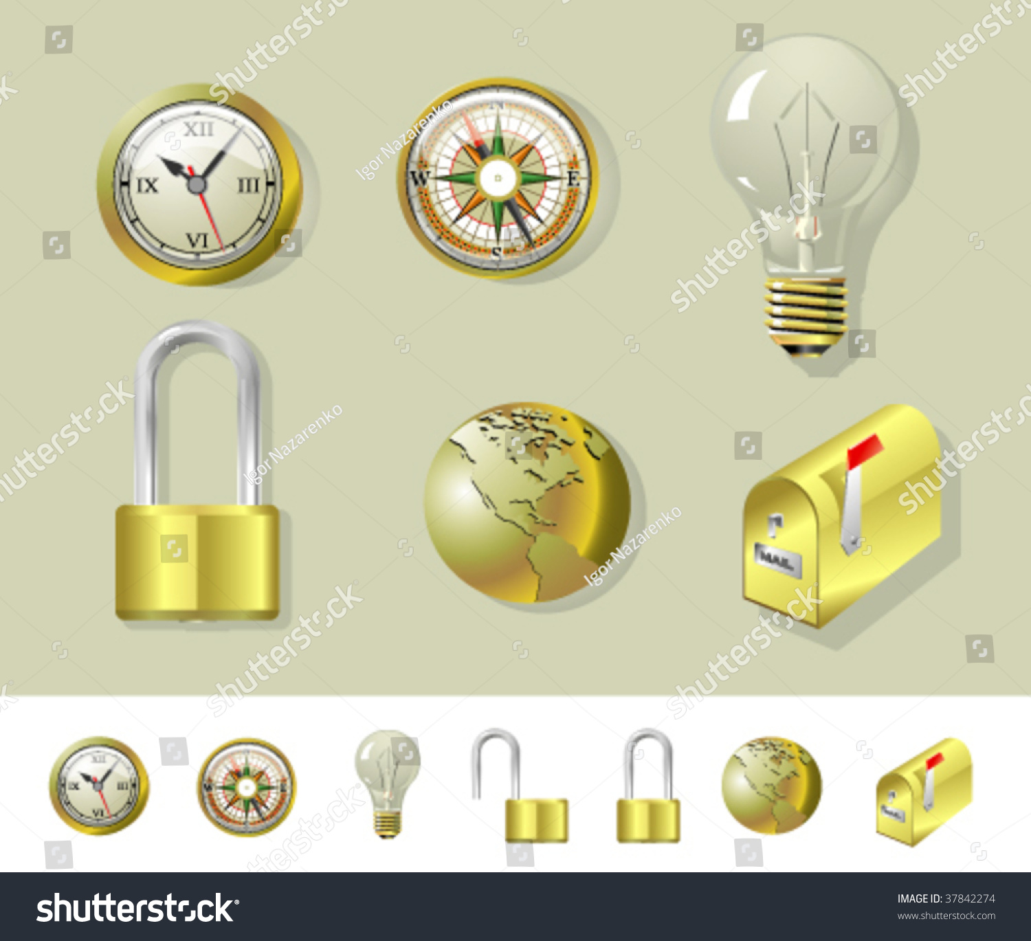 Golden Compass Clock Lock Globe Bulb Stock Vector (Royalty Free ...