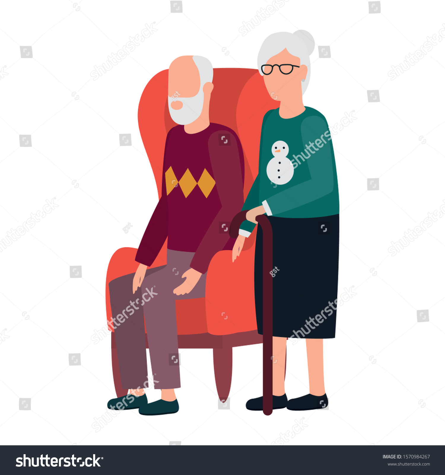 Vektor Stok Grandmother Grandfather Seated Sofa Characters Vector